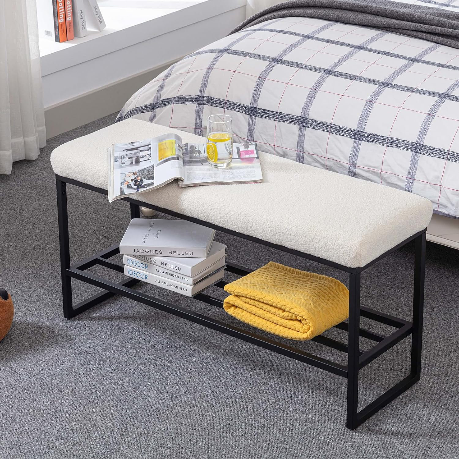Latitude Run® Upholstered Shoe Storage Bench With Metal Rack - Boucle ...