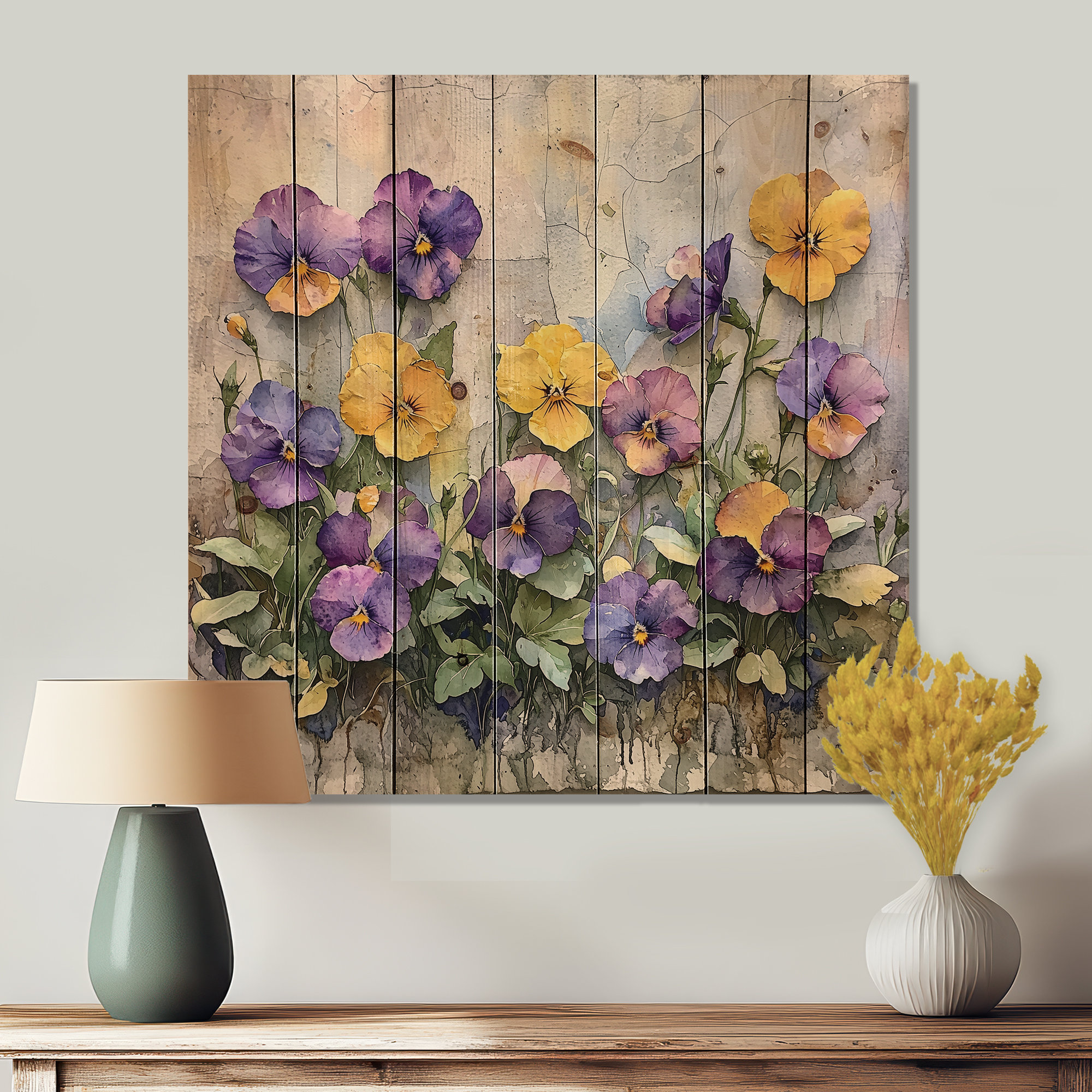Ophelia & Co. Wild Pansy Patch At The Farm III - Pansies Wood Wall Art - On Natural Pine Wood ...