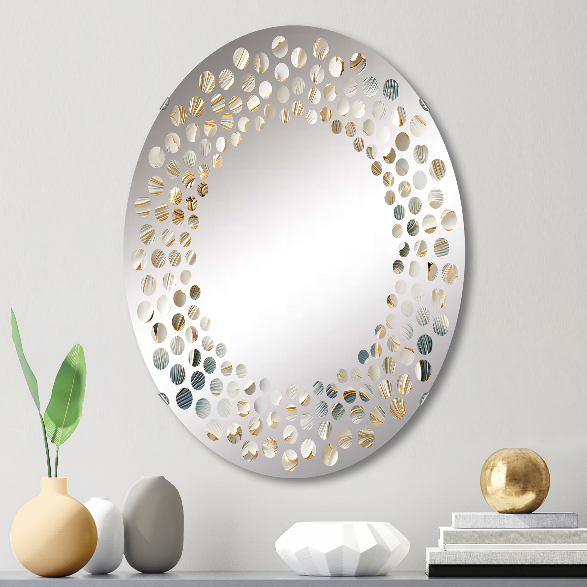 Design Art Beige Frosty Drift Experience - Polka Dot Wall Mirror Oval ...