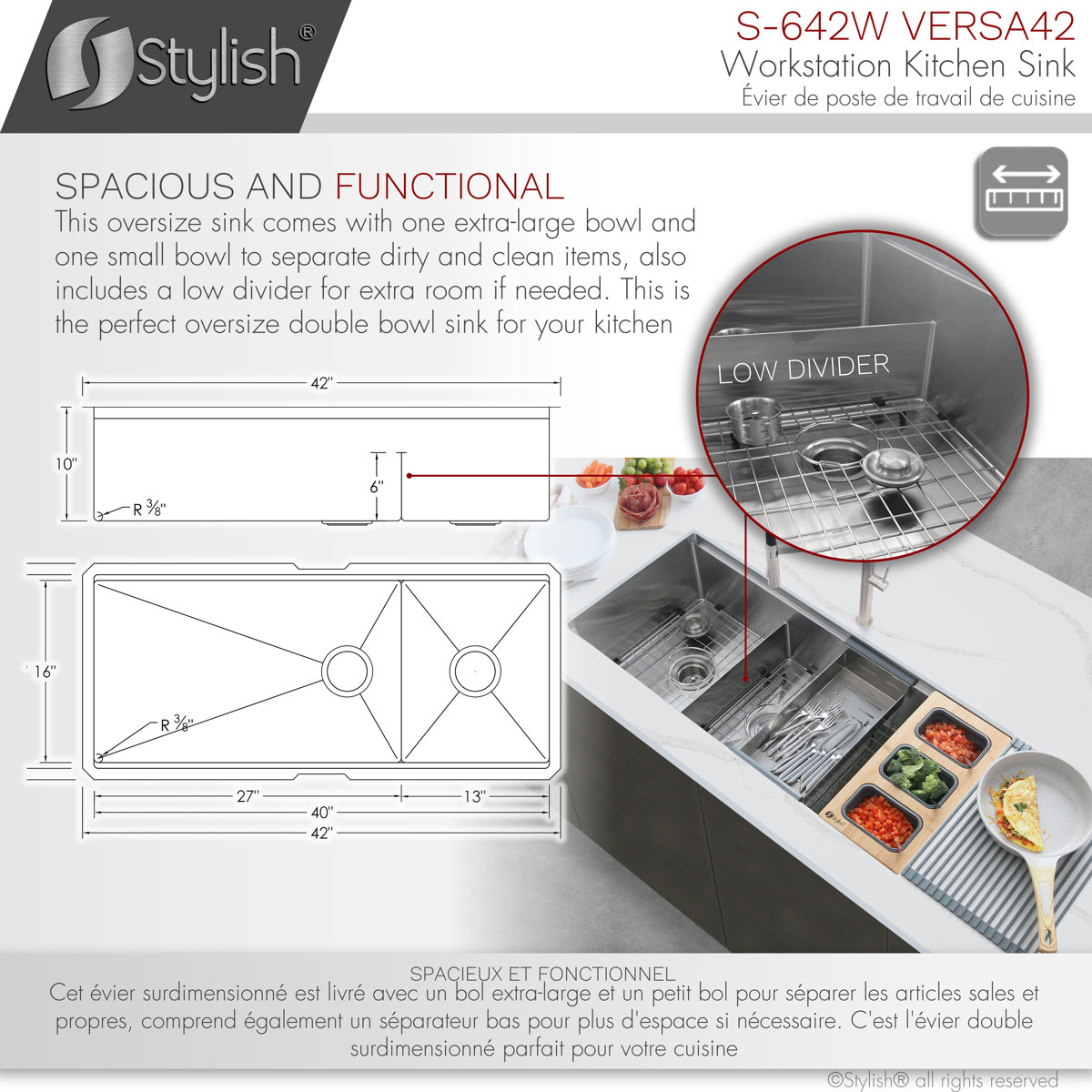 STYLISH Versa STYLISH 42 inch Stainless Steel Workstation 70/30 Double ...