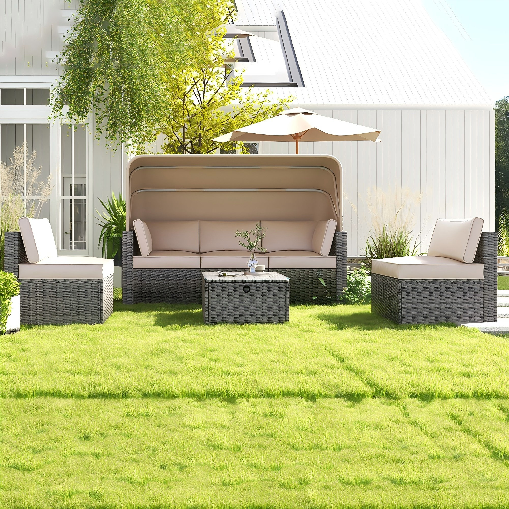 Ebern Designs 6-Piece Rattan Patio Conversation Set With A Canopy | Wayfair