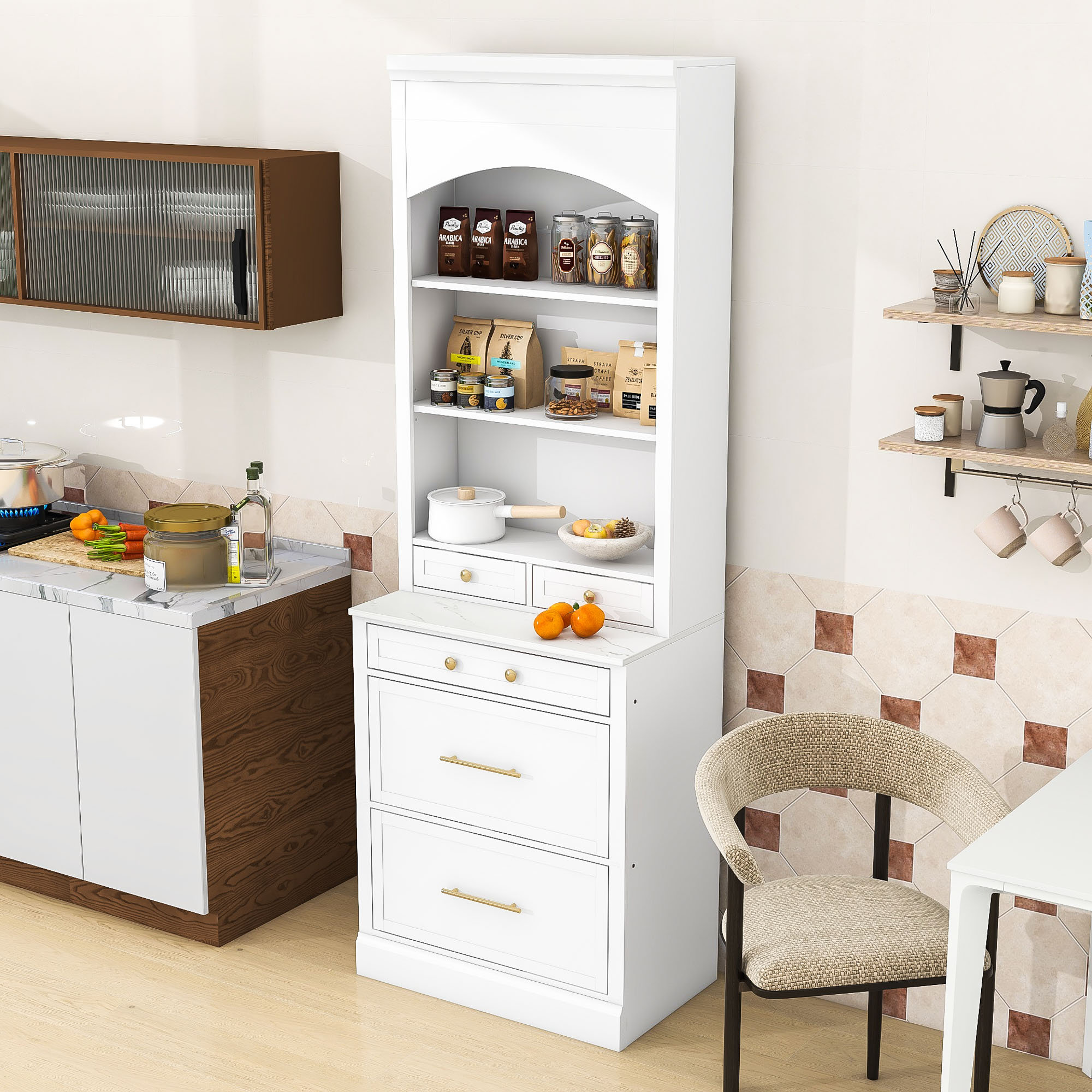 Lark Manor™ Freestanding Tall Kitchen Pantry with Faux Marble ...