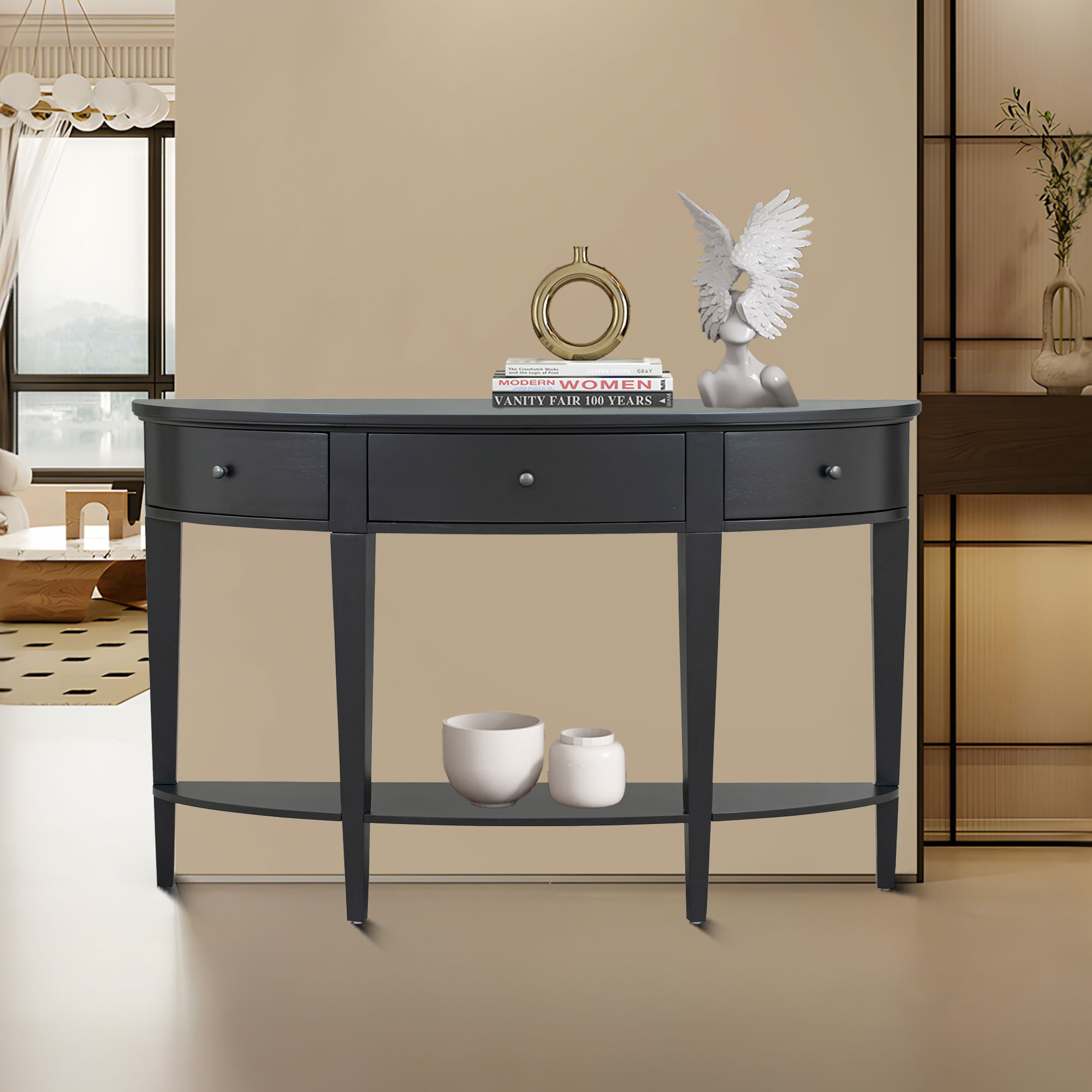 Red Barrel Studio® Rustic Solid Wood Half-Moon Console Table entryway table storage console with ...