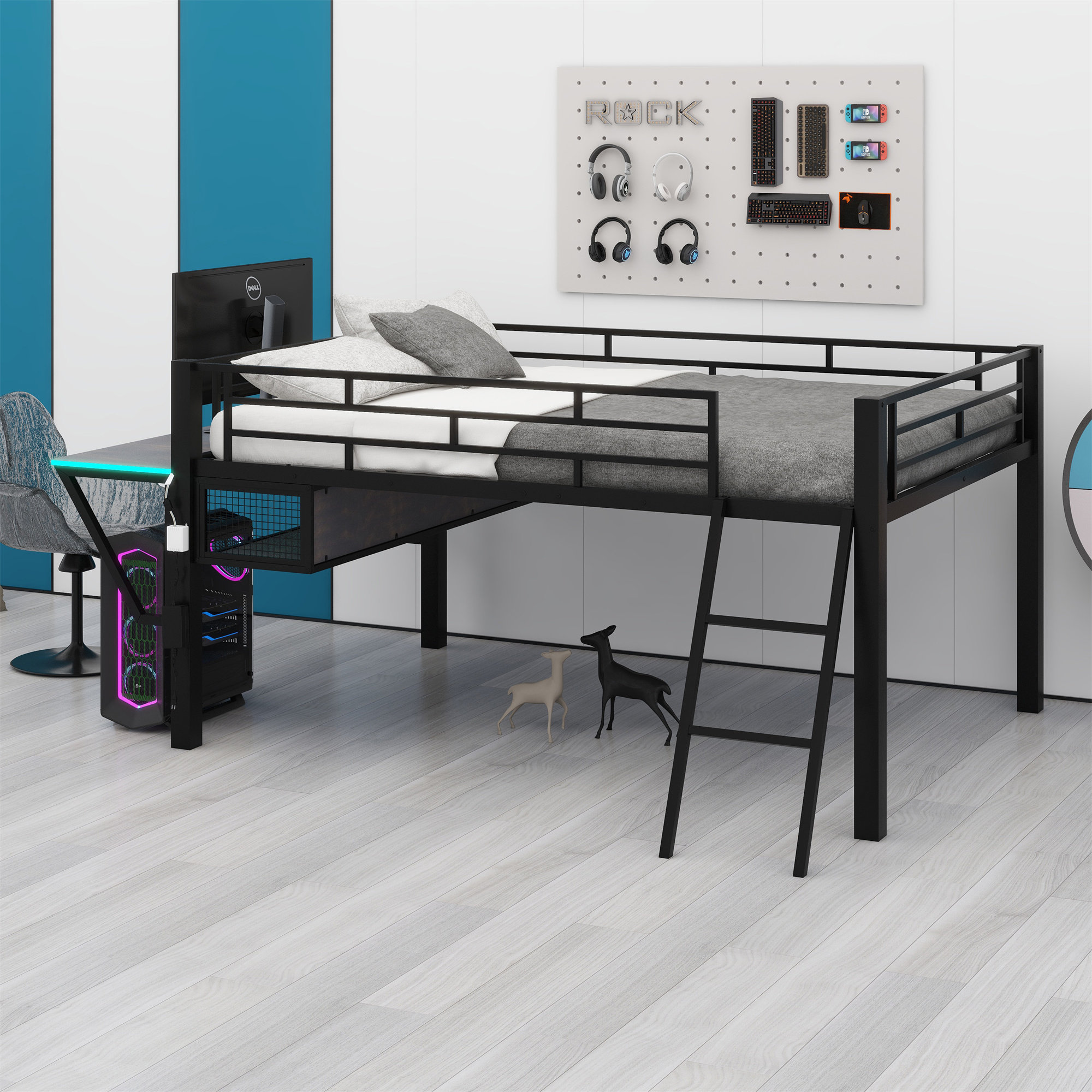 Ivy Bronx Gaming Mid Loft Bed With Desk, LED | Wayfair