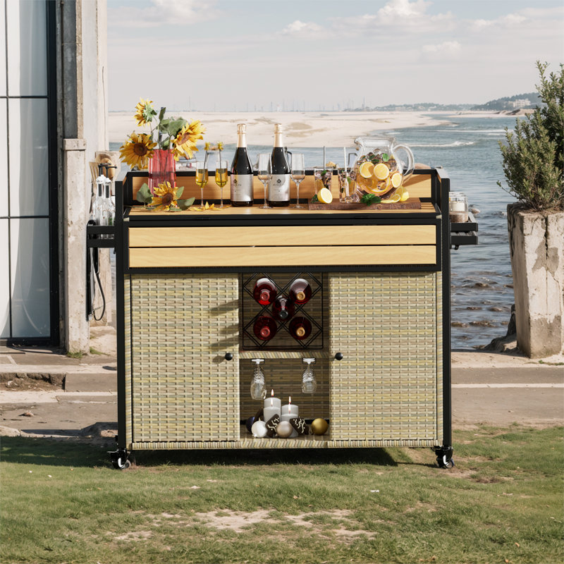 Bay Isle Home™ Asaria XL Outdoor Kitchen Wicker Island Rolling Cart Bar ...