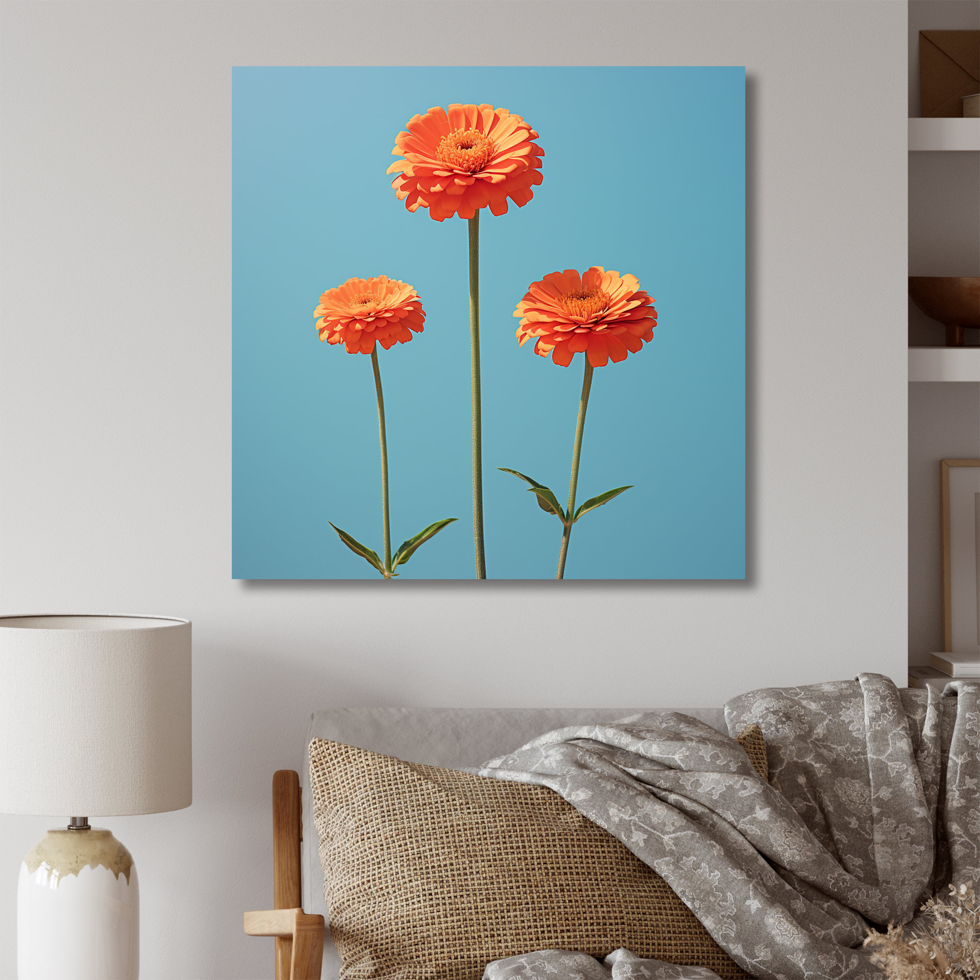 Ebern Designs Zesty Orange And Blue Zinnias Flowers | Wayfair