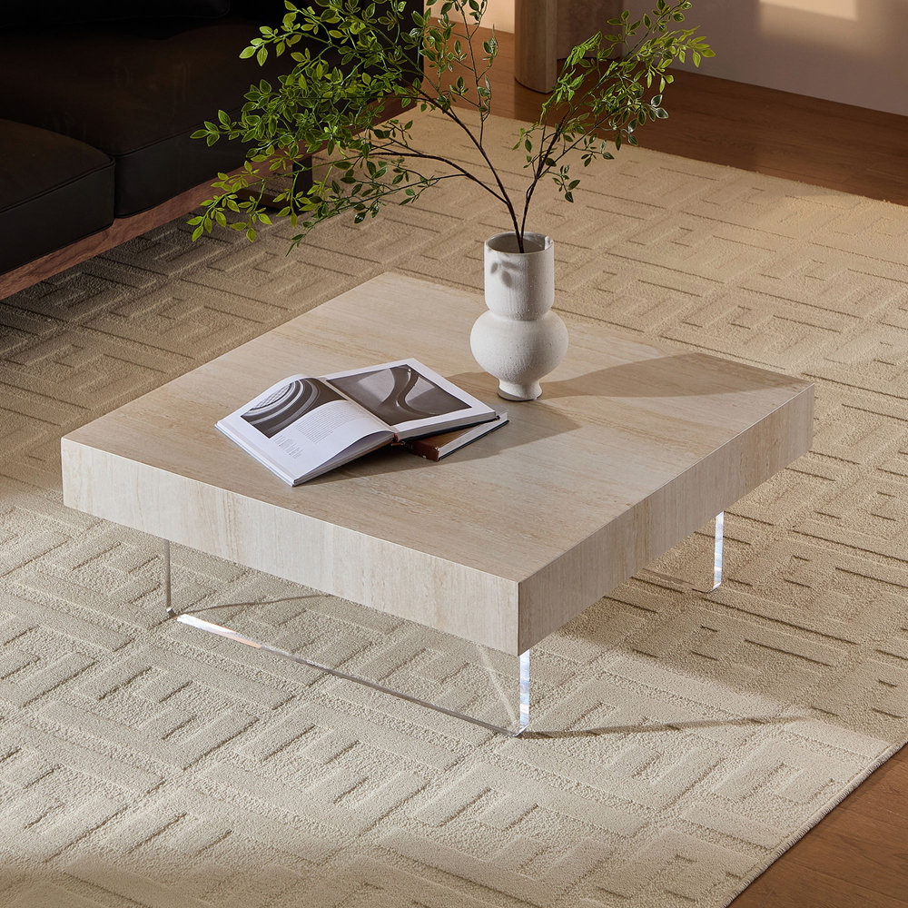 Latitude Run® Square Faux Travertine Pattern Coffee Table for Living ...