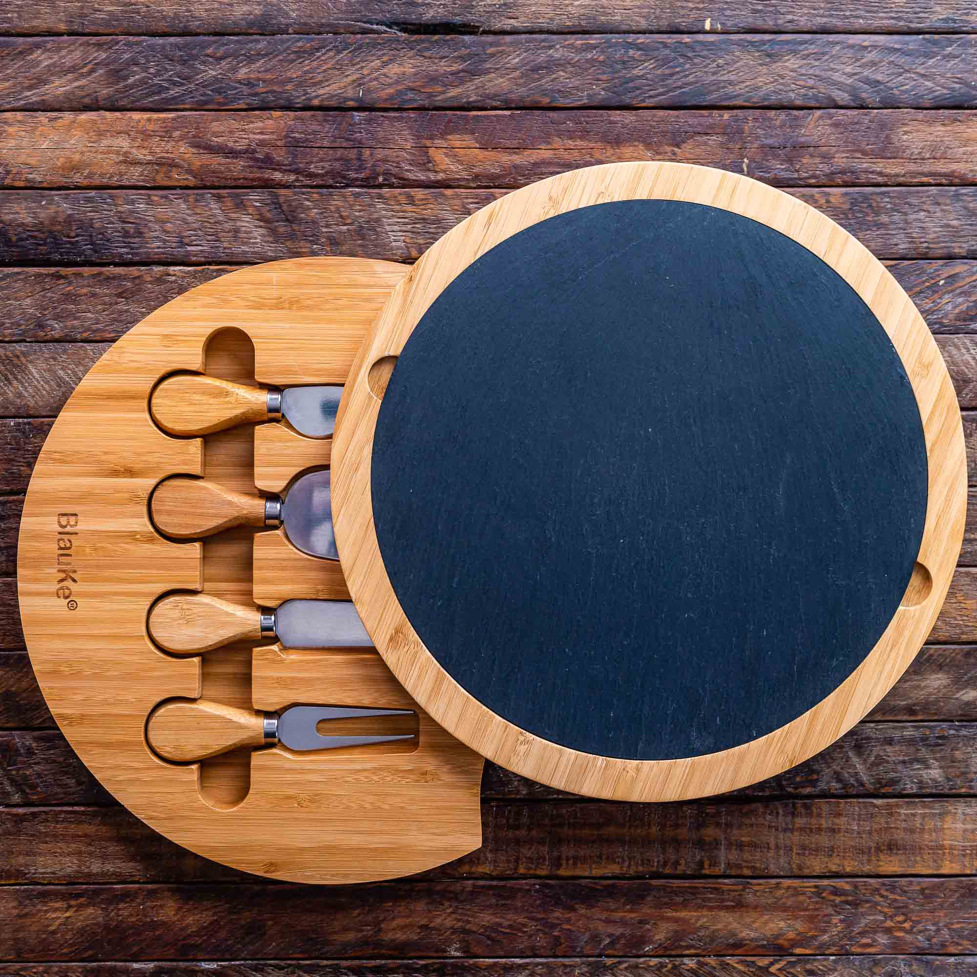 BlauKe Round Bamboo Cheese Board with Knife Set and Removable Slate ...