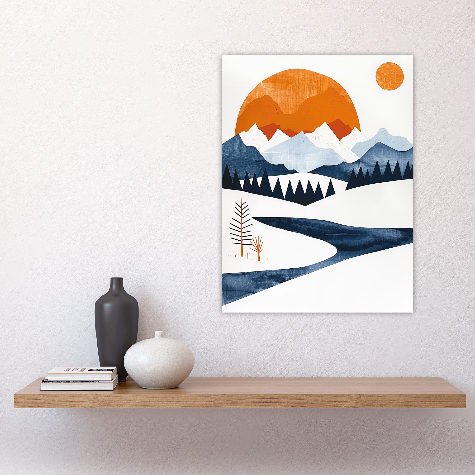 ClassicLiving Abstract Geometric Orange Winter Landscape Wall Art Print ...
