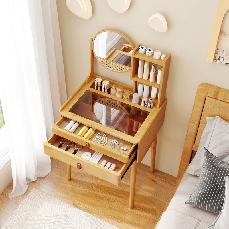 Bay Isle Home™ 23.5" Compact Makeup Table with 2 Drawers Open Storage ...