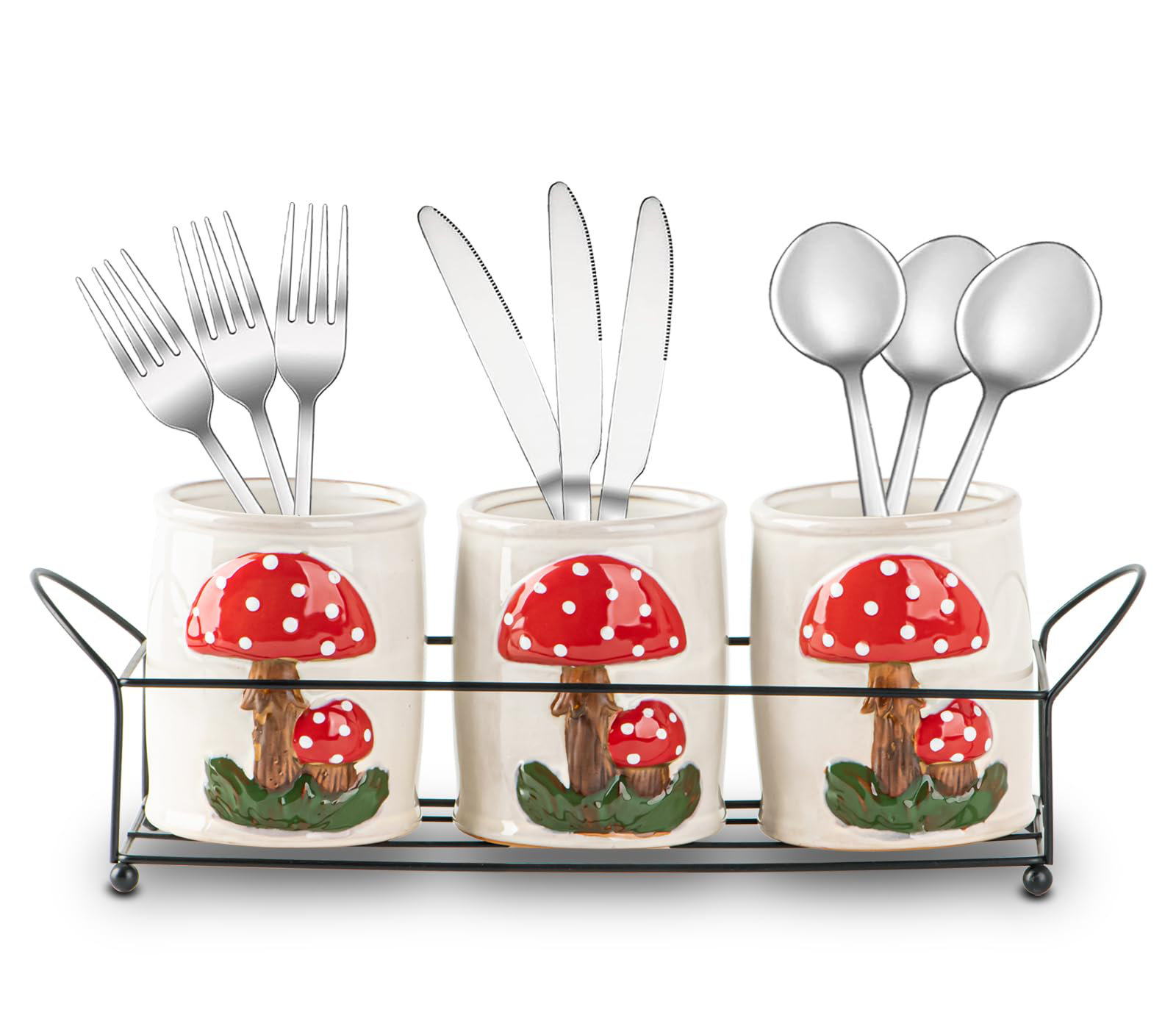 Rosalind Wheeler Mushroom Silverware Holder 3 Pcs Ceramic Silverware ...