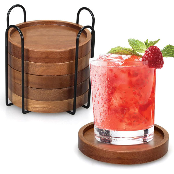Ebern Designs Wood Round 6 Piece Coaster Set With Holder | Wayfair.co.uk