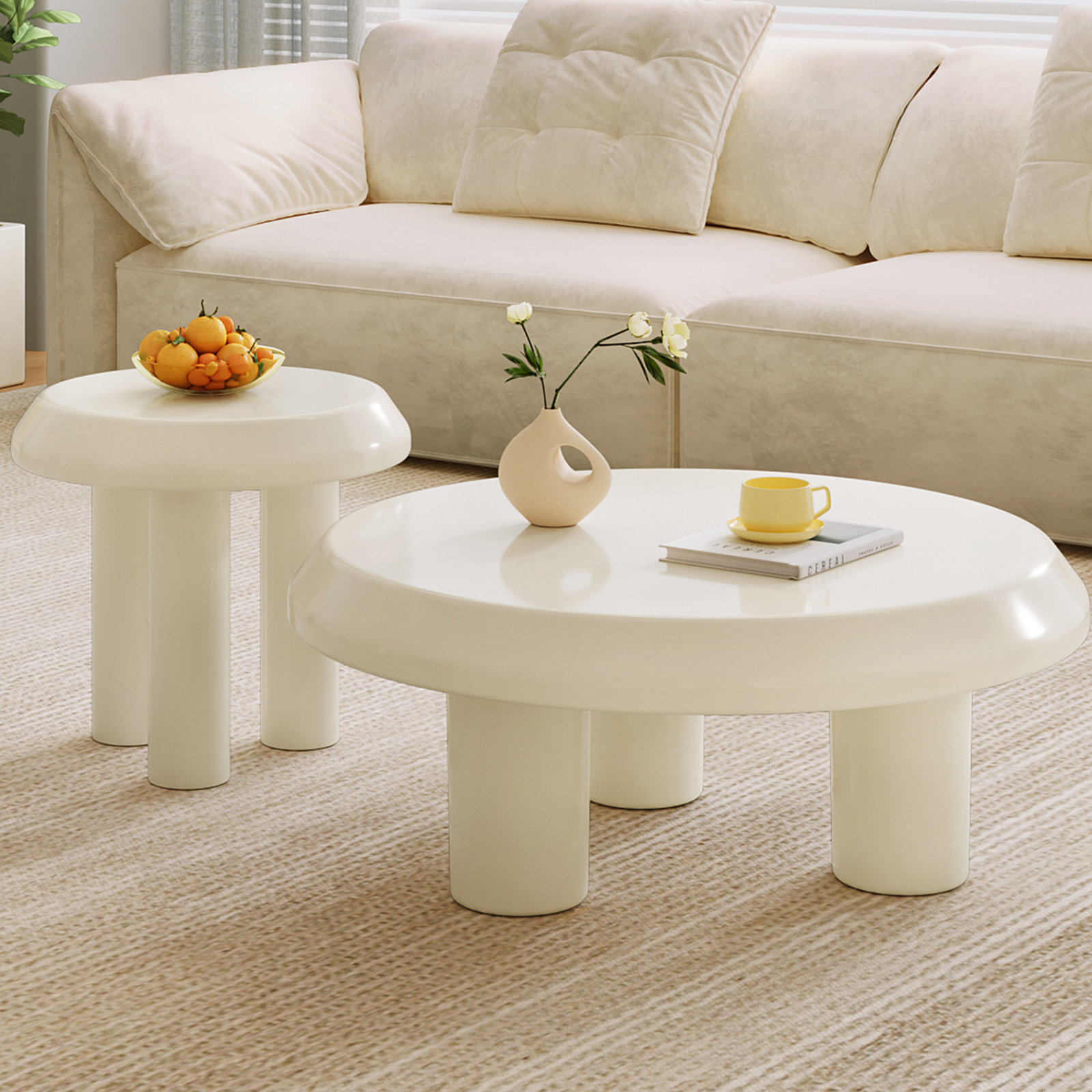 Ivy Bronx Cream White Nesting Coffee Table,Modern 2 In 1 Living Room Coffee Table,Round Coffee ...