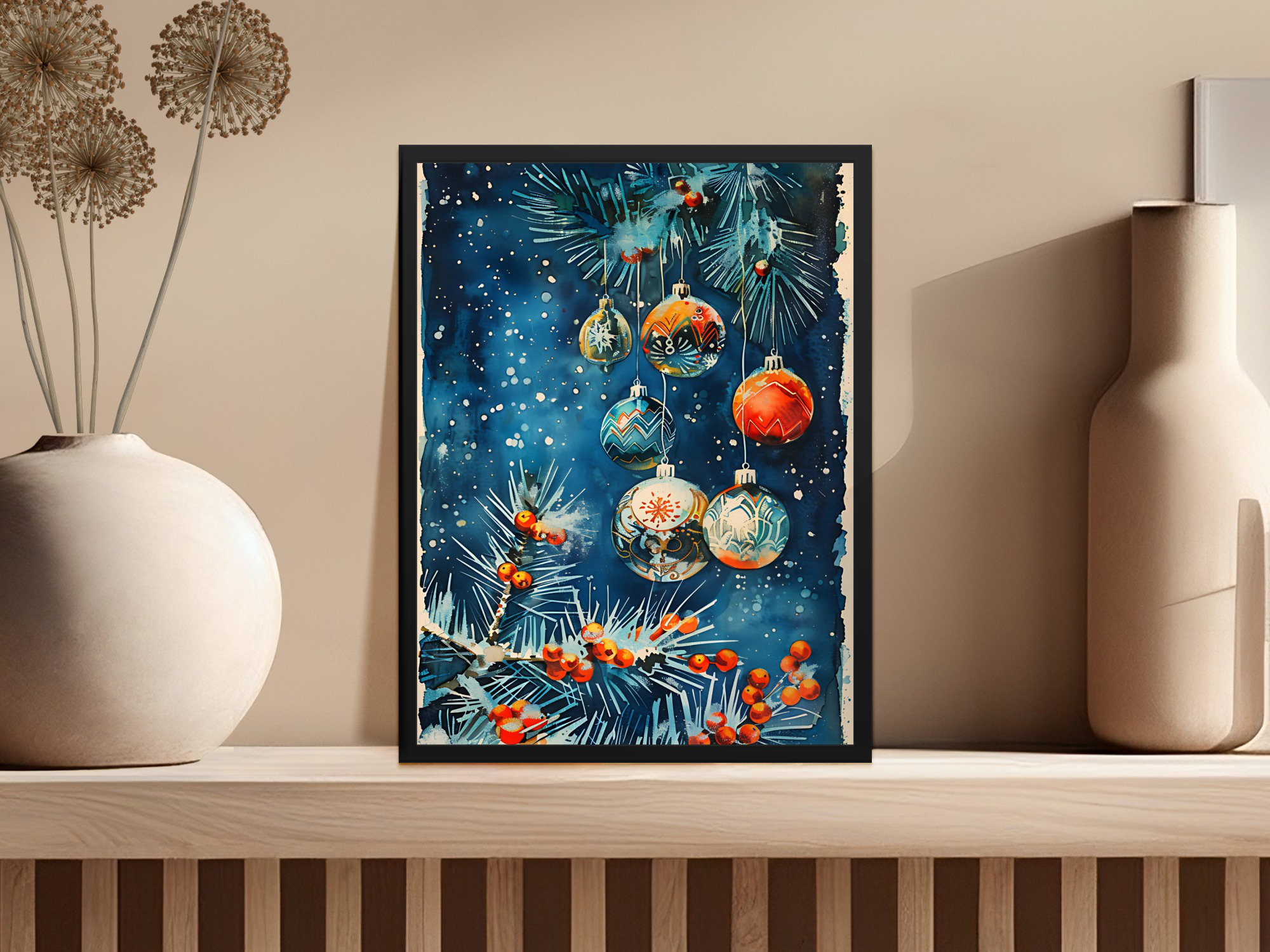 Lark Manor Festive Ornament Tree Branch Watercolor Print Framed Poster ...