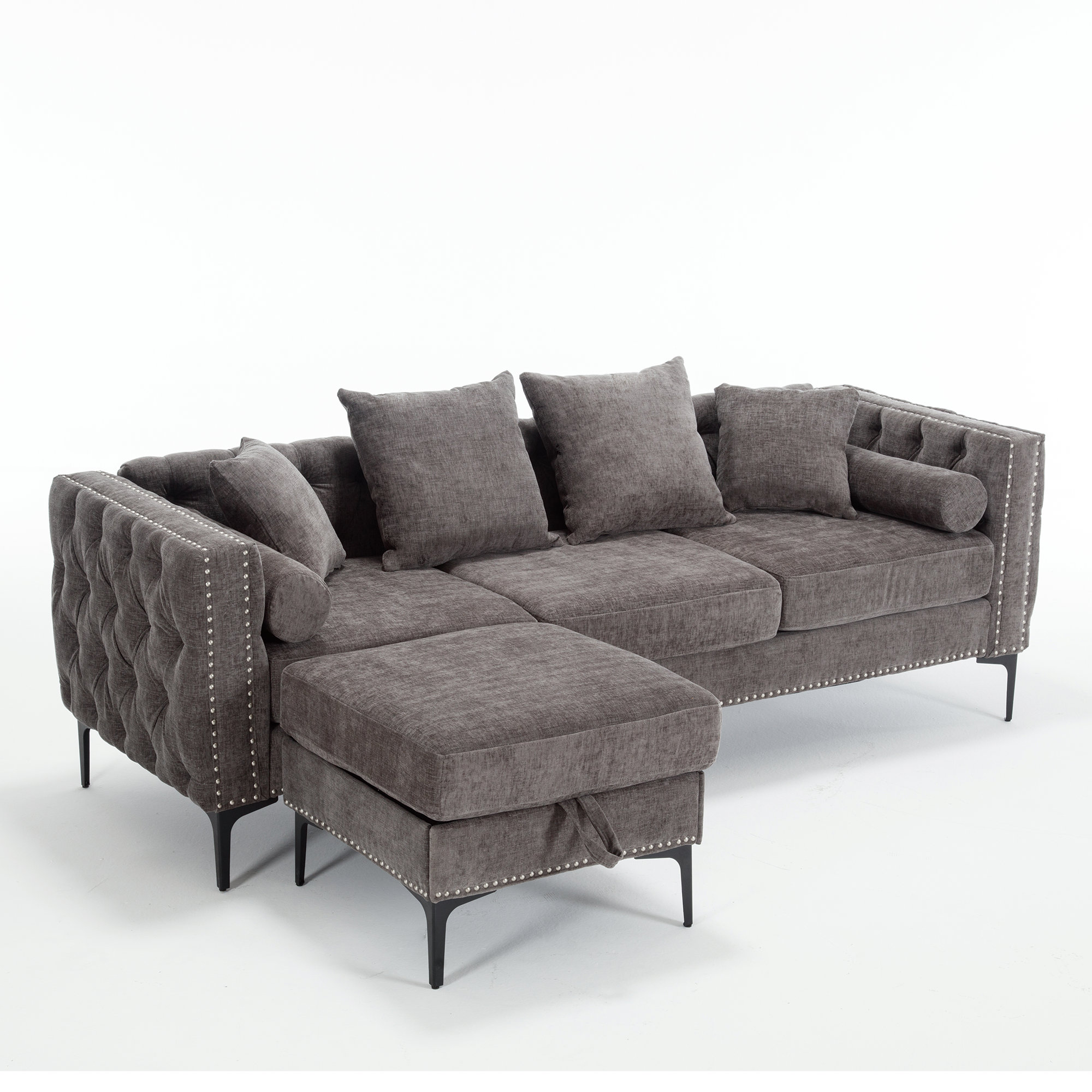 Ivy Bronx Stetson L-Shaped Chenille Sectional Sofa with Storage Ottoman ...