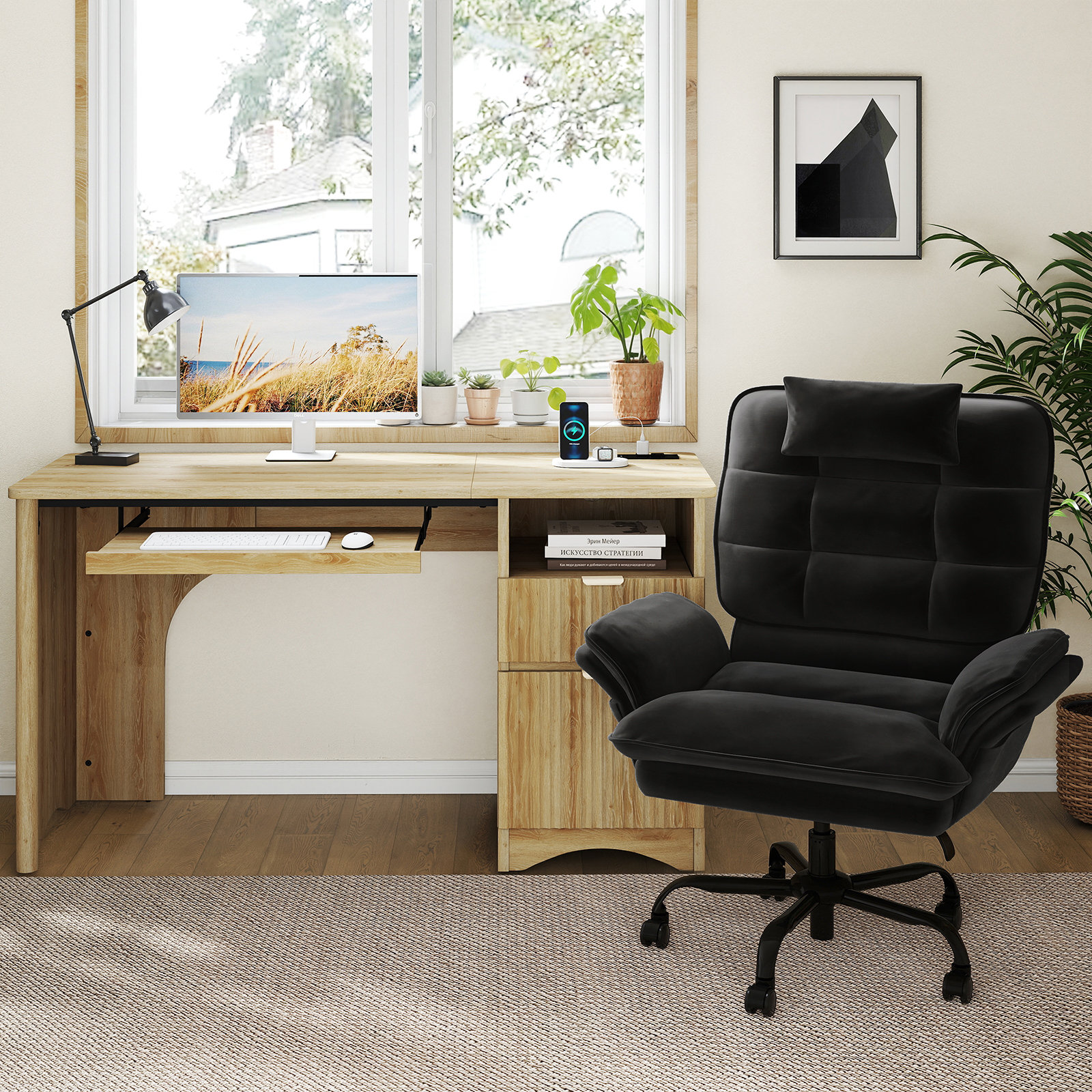 Mercer41 Fluted Computer Desk With Velvet Office Chair | Wayfair