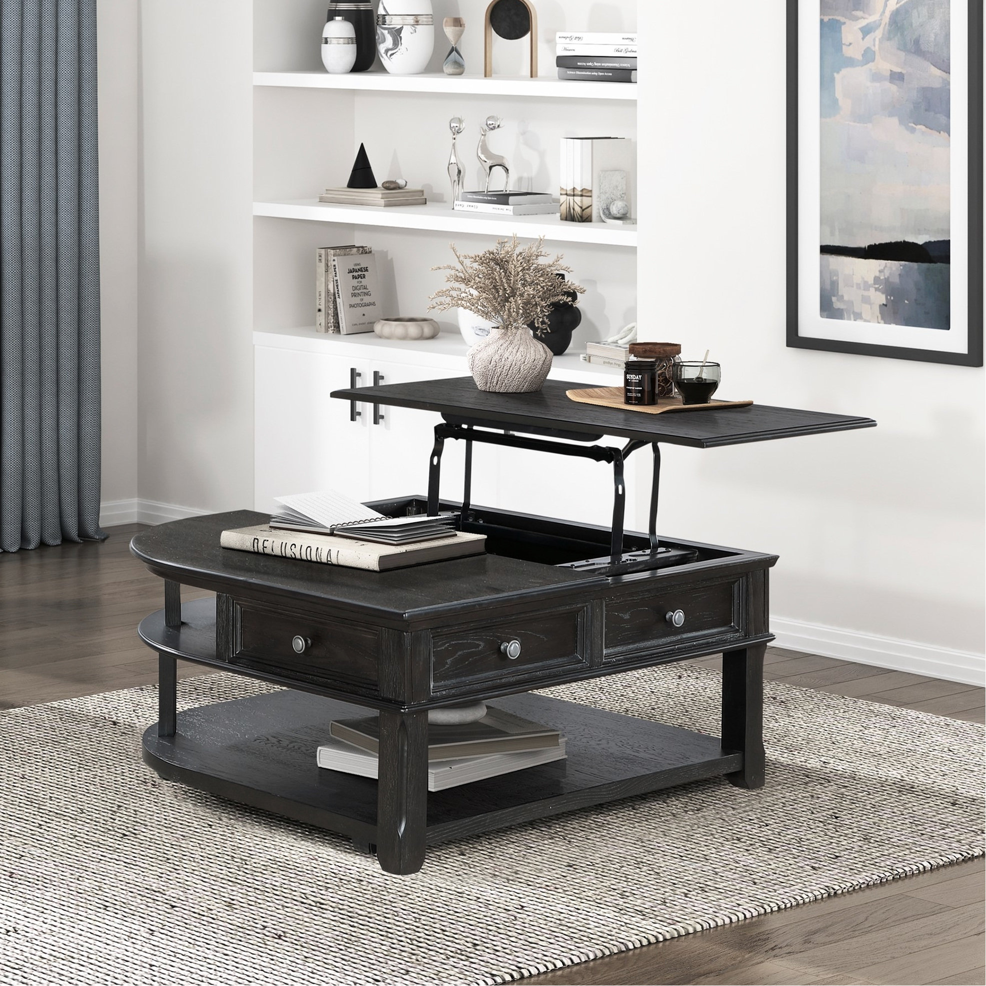 Lark Manor™ Charcoal Finish Coffee Table With Liftable Top, Drawer And ...