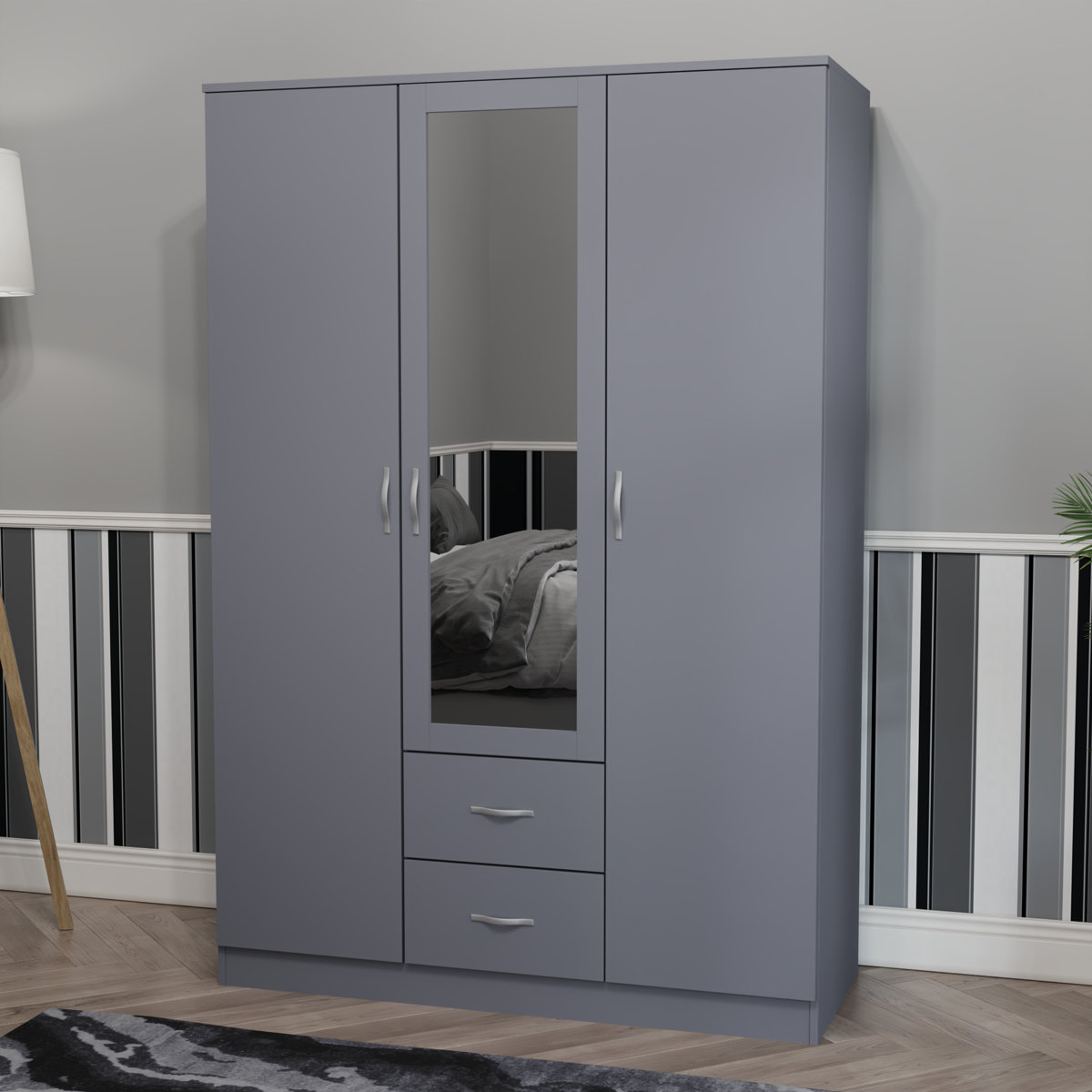 17 Stories Maybery 3 Door 2 Drawer Mirrored Wardrobe, With Shelf ...