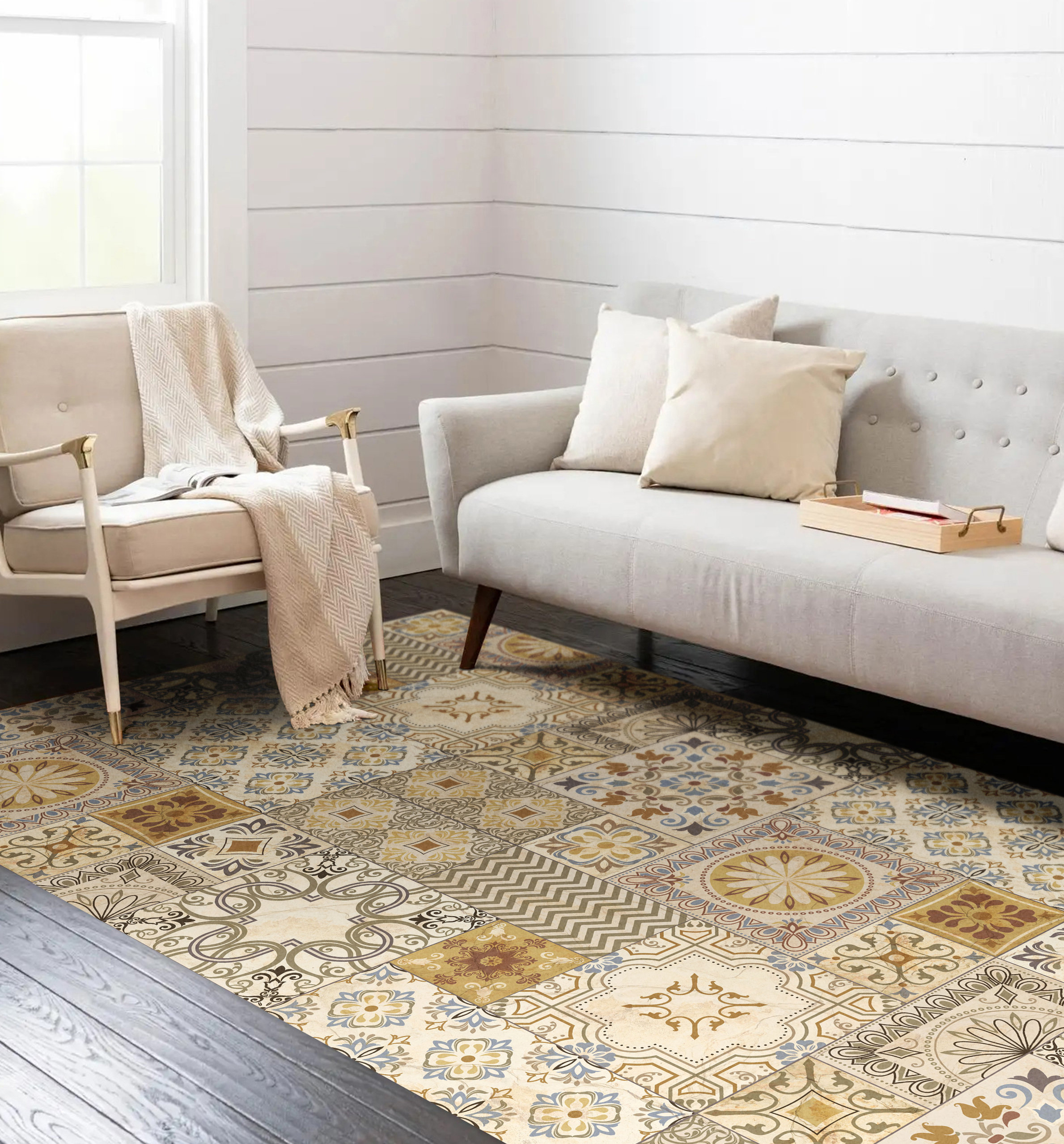 Bungalow Rose Alcaria Patchwork Vinyl Area Rug in Beige | Wayfair