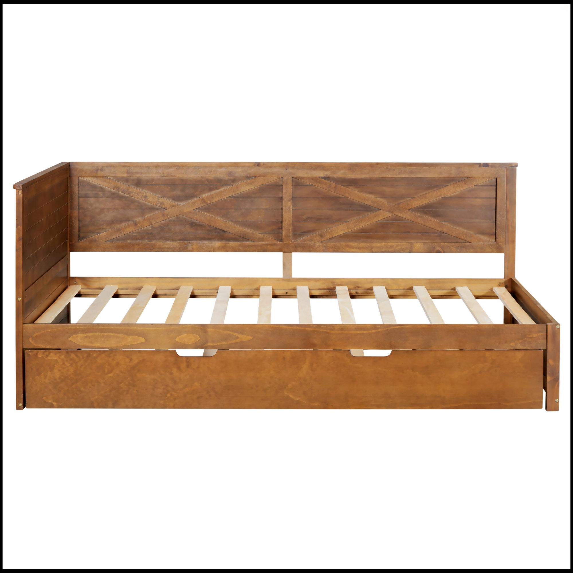 August Grove® Twin Size Wood Daybed With Trundle And Rustic Guardrail ...