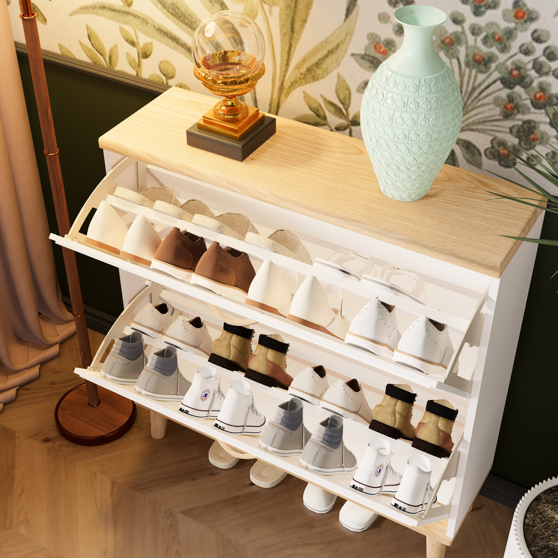 George Oliver Entryway Shoe Storage Unit, Narrow Rack, 2 Flip Drawers ...