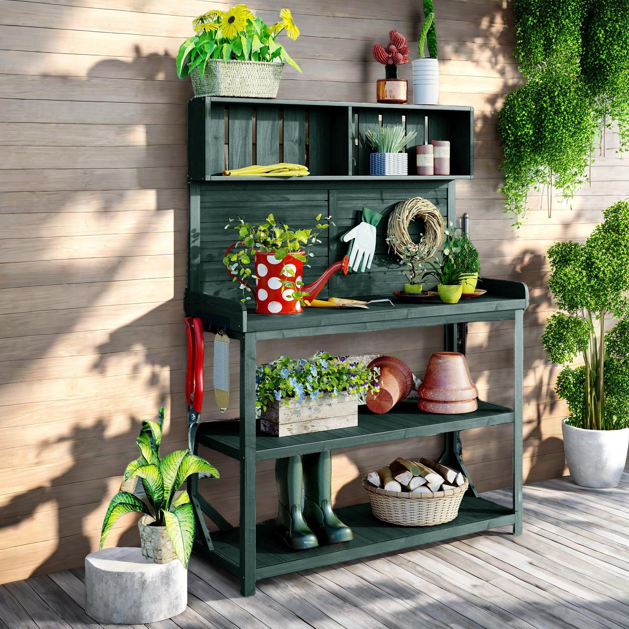 Gracie Oaks Large Outdoor Farmhouse Wooden Potting Bench Table With 4 ...
