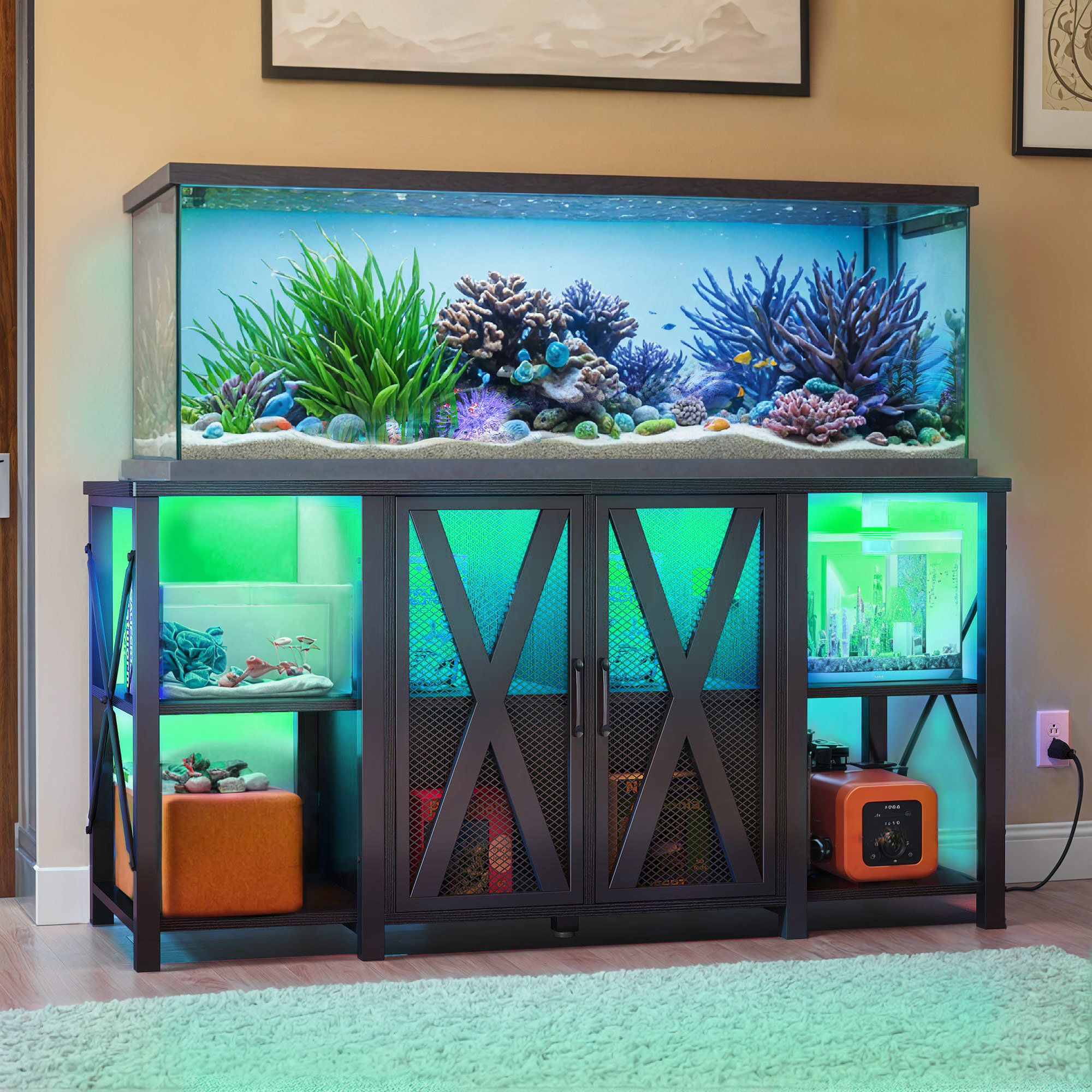 17 Stories Heavy-Duty Fish Tank Stand with LED Light and Power Outlets ...