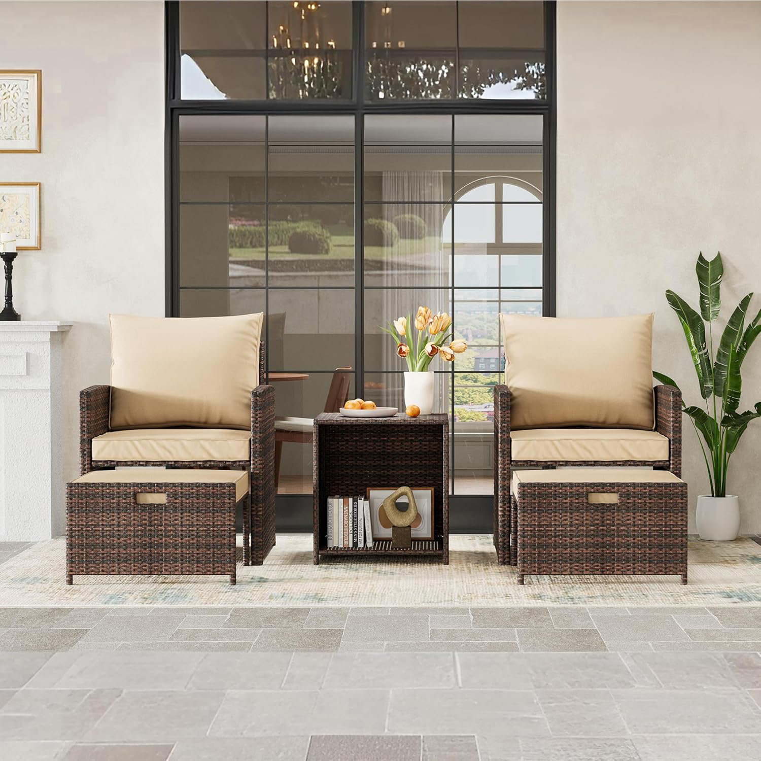 Winston Porter 5 Piece Patio Furniture Sets, Outdoor Rattan 2 Dining ...