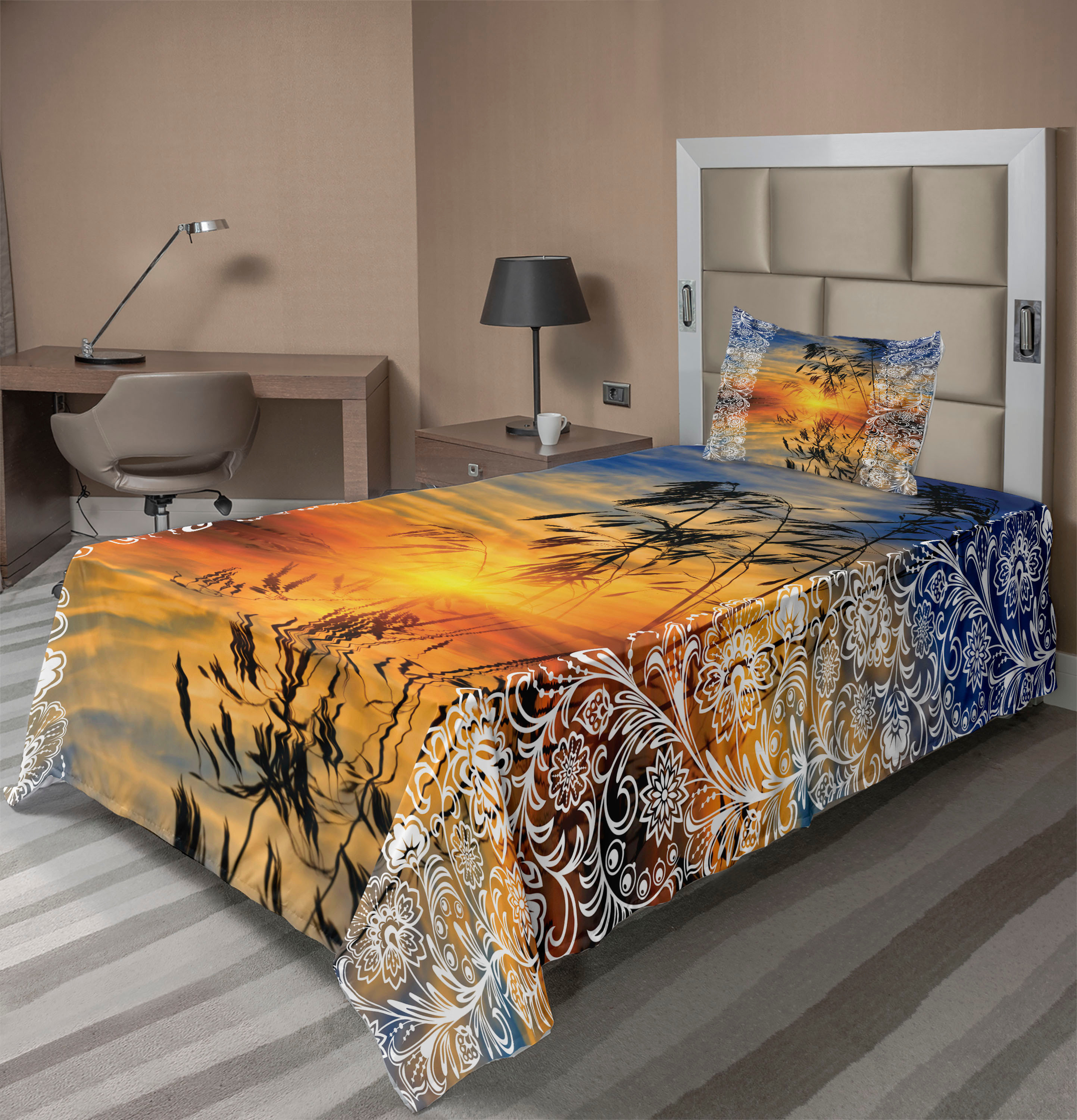 Ambesonne Sunset Sheet Set Victorian Outline Leaves Sun White Earth ...