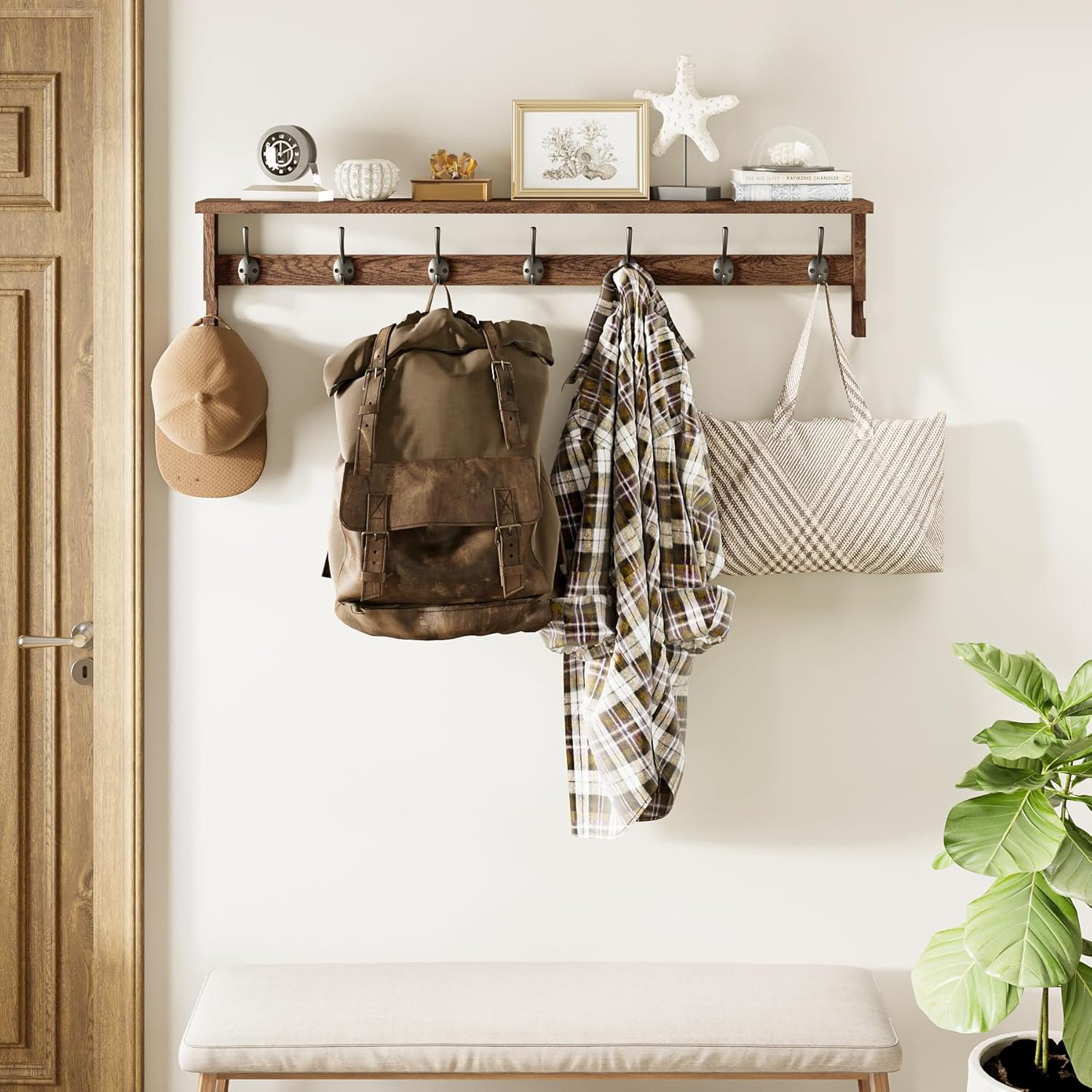 17 Stories 35 Inch Extra Long Wall Hooks with Hanging, Wooden Shelf ...