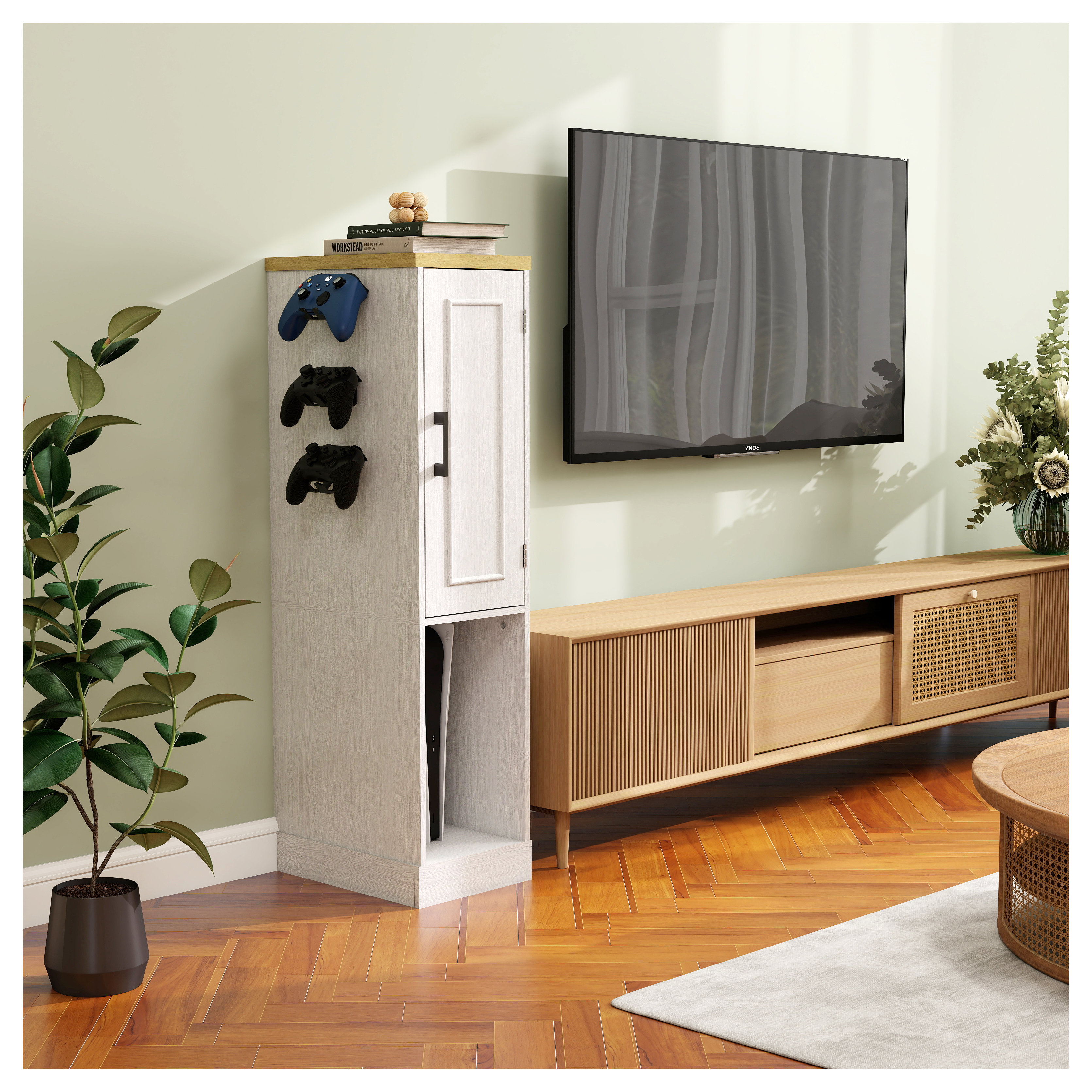 17 Stories 44.49" Slim Game Console Stand with Drawers, Antique White ...