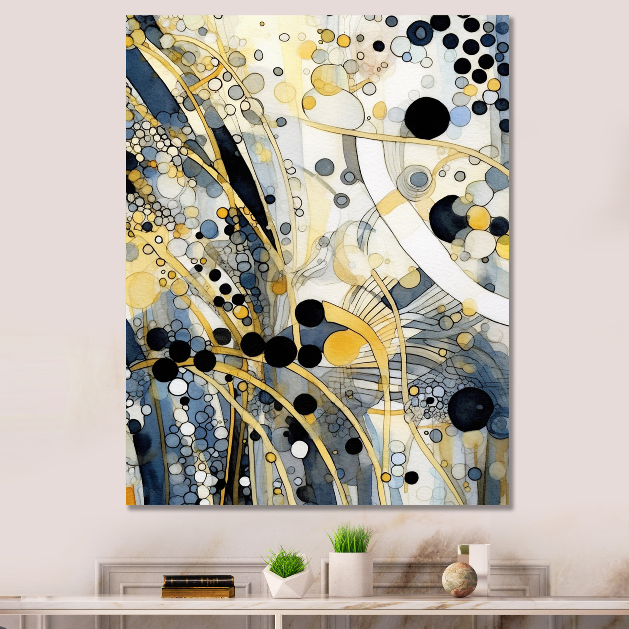 Everly Quinn Pastel Abstract With Blue Black And Gold Spots XI Framed ...