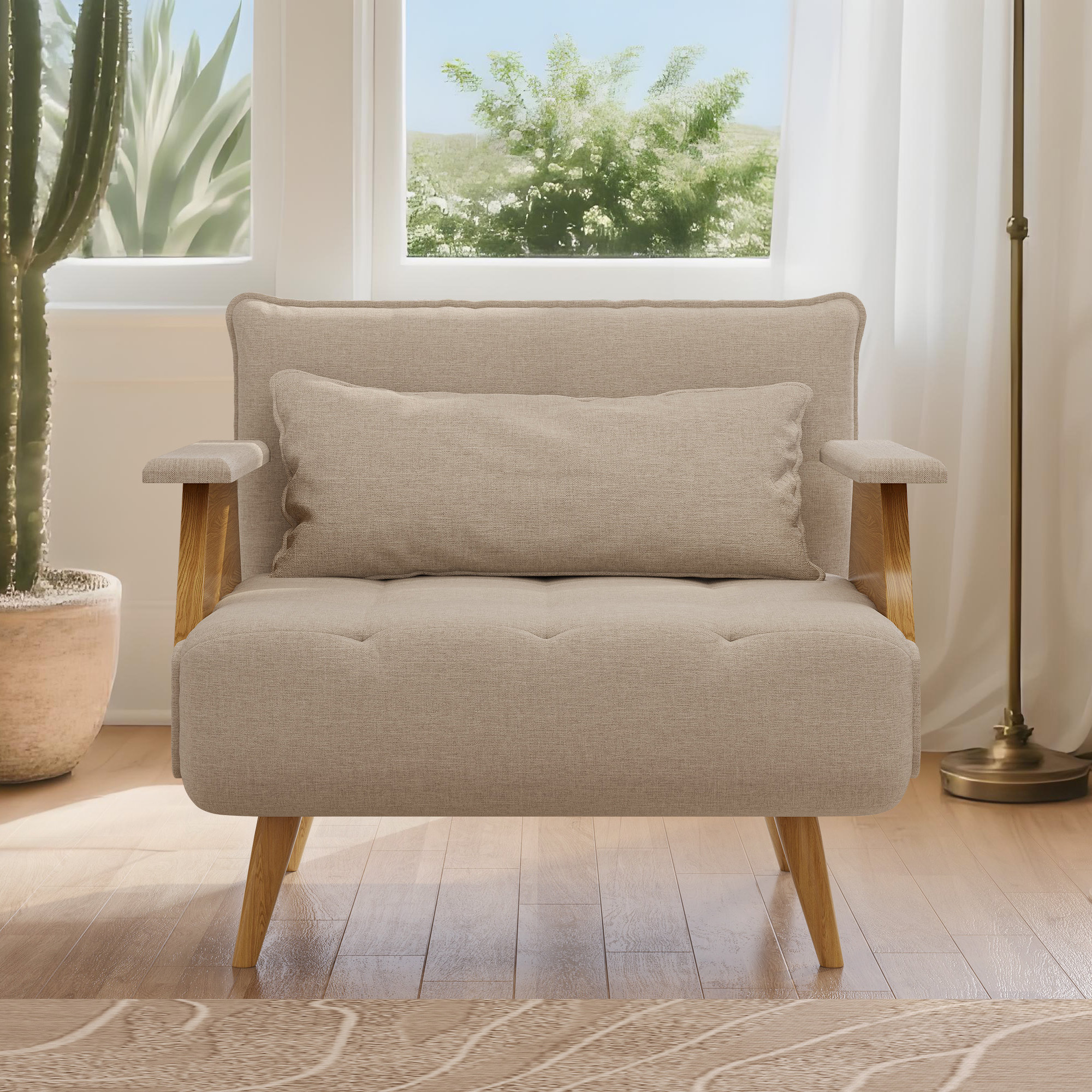 George Oliver Wood Folding Sofa Bed, Cotton Linen Sleeper Accent Chair ...