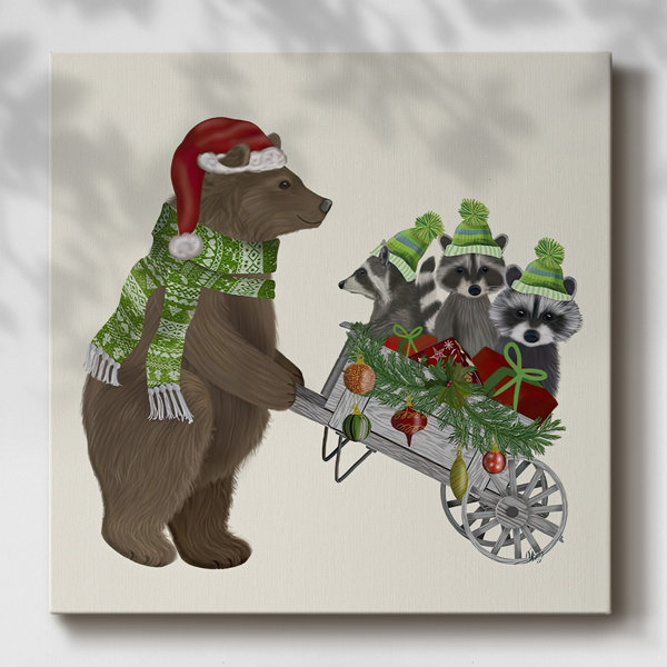 The Holiday Aisle® " Bear And Christmas Wheelbarrow " on Canvas | Wayfair
