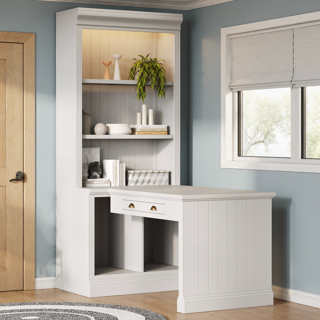 Red Barrel Studio® 83.4" Modern White Bookshelf with LED Writing Desk ...