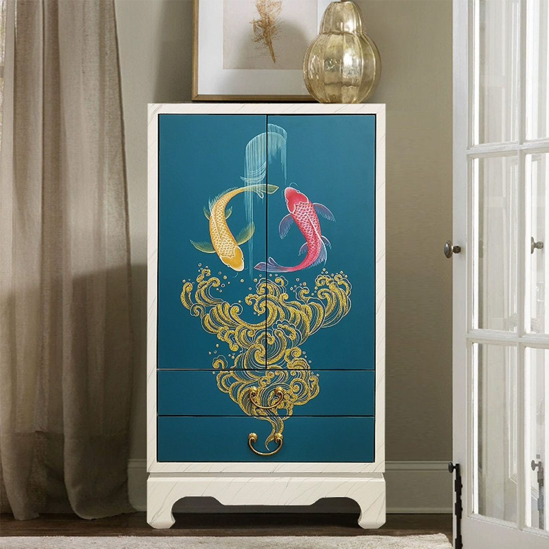 Vivid Space Creation Solid Wood Storage Cabinet with Hand-Painted Art ...