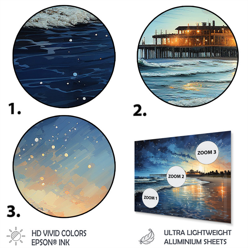 Design Art Beach Pier Reflections Pointillism I - Landscapes Metal Wall ...