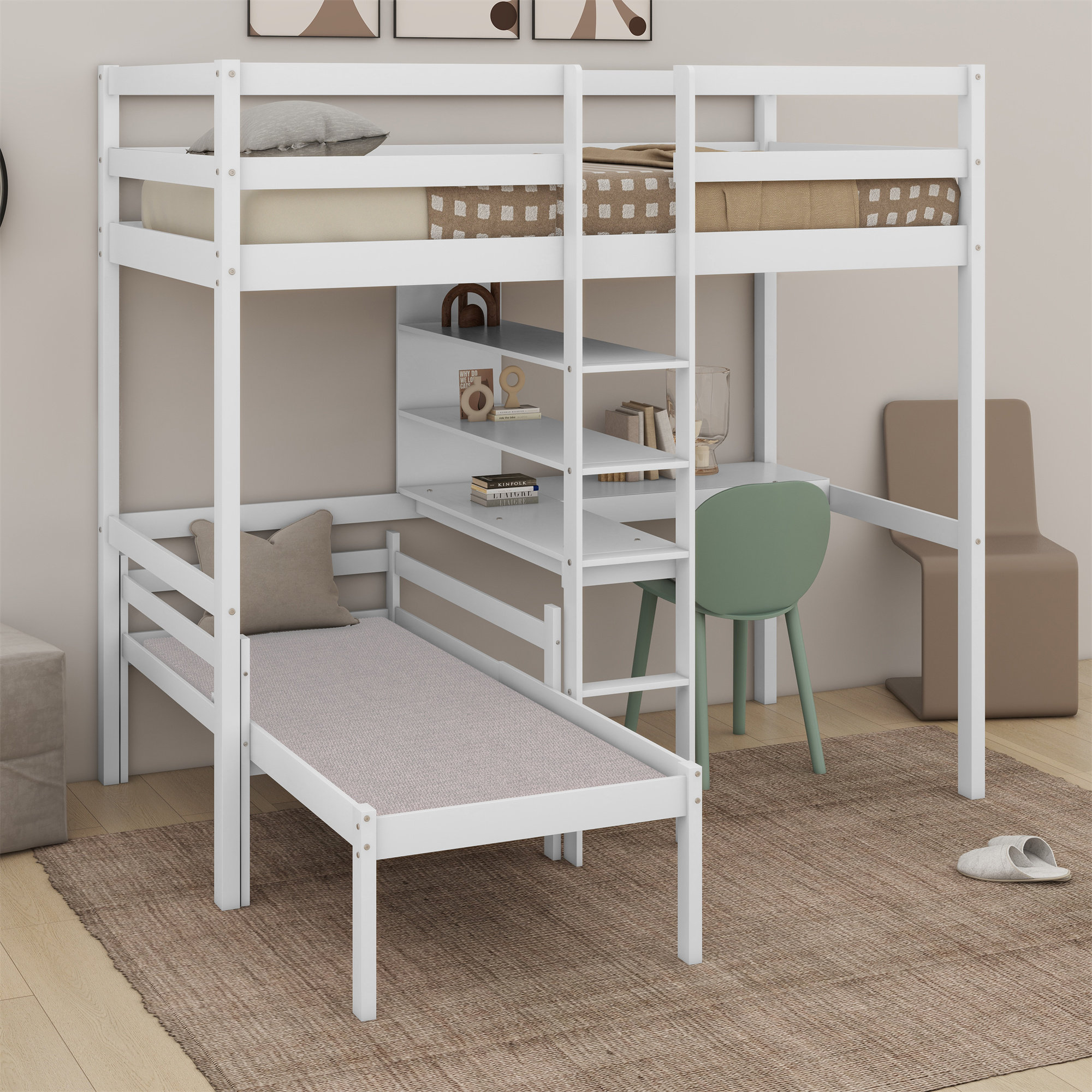 Harriet Bee Jadlyn Twin Size Wooden Loft Bed with L-Shape Desk,Shelves ...