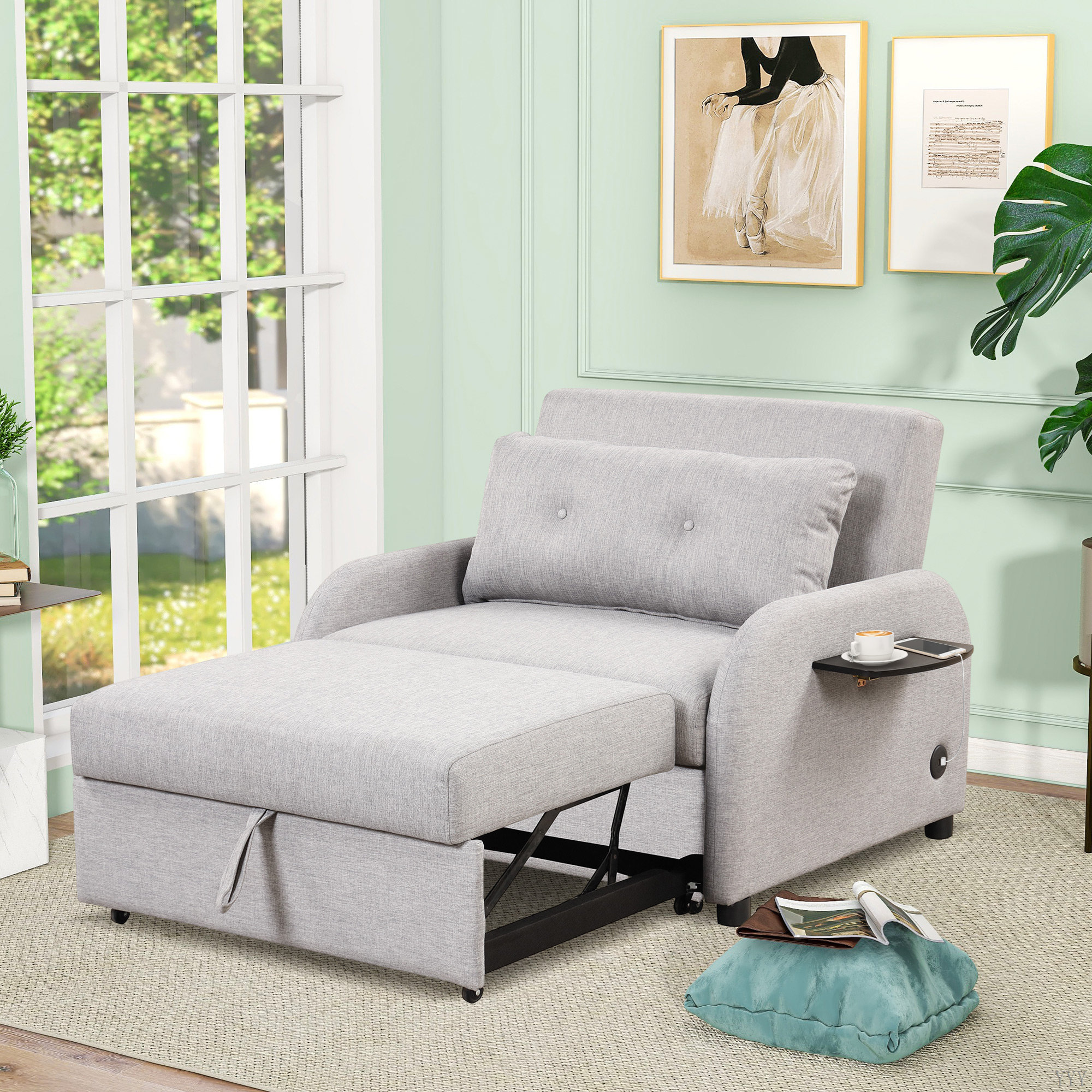 Latitude Run® Pull Out Sofa Sleeper 3 In 1 With 2Wing Table And USB ...