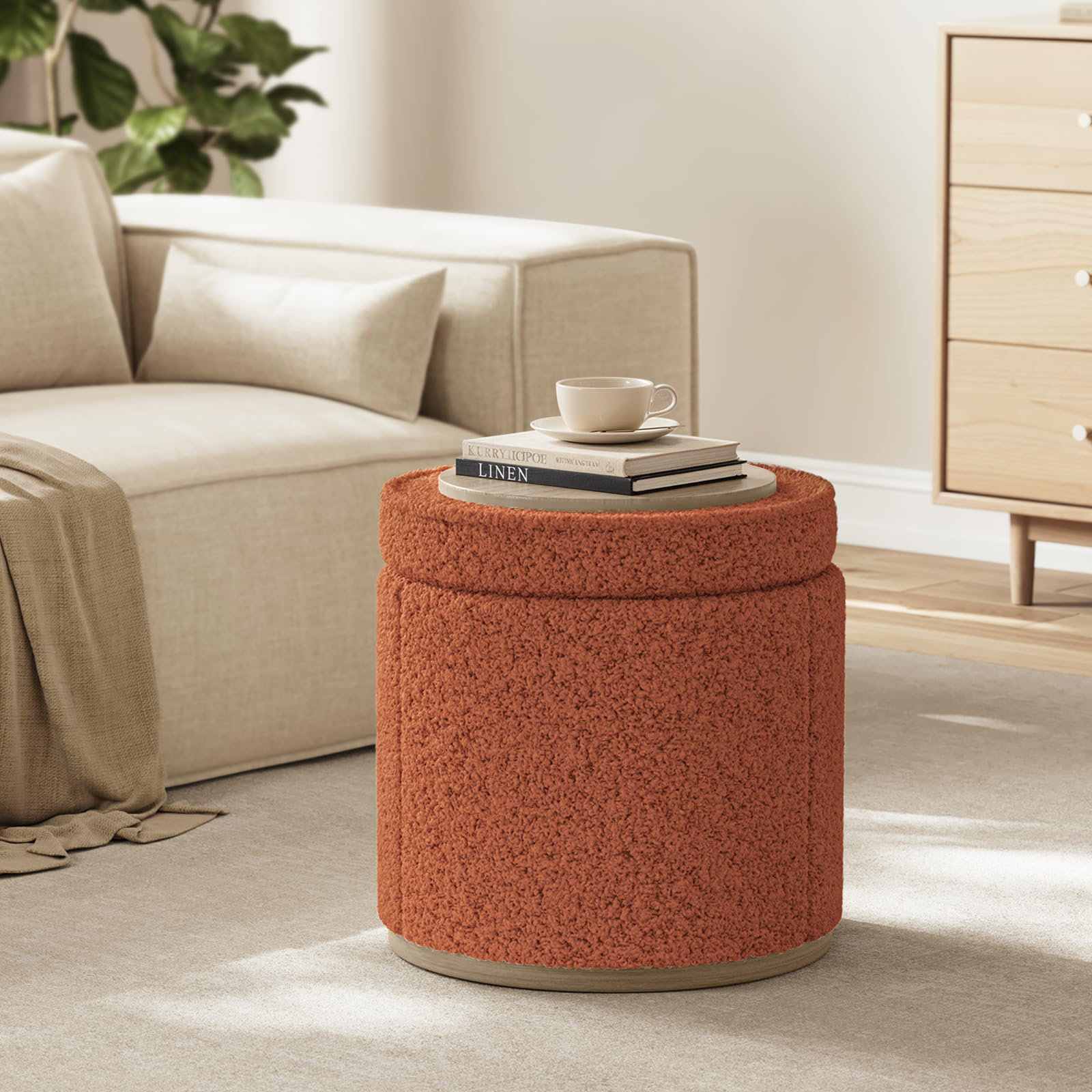 Latitude Run® Round Ottoman With Storage, Ottoman Foot Rest, Boucle ...