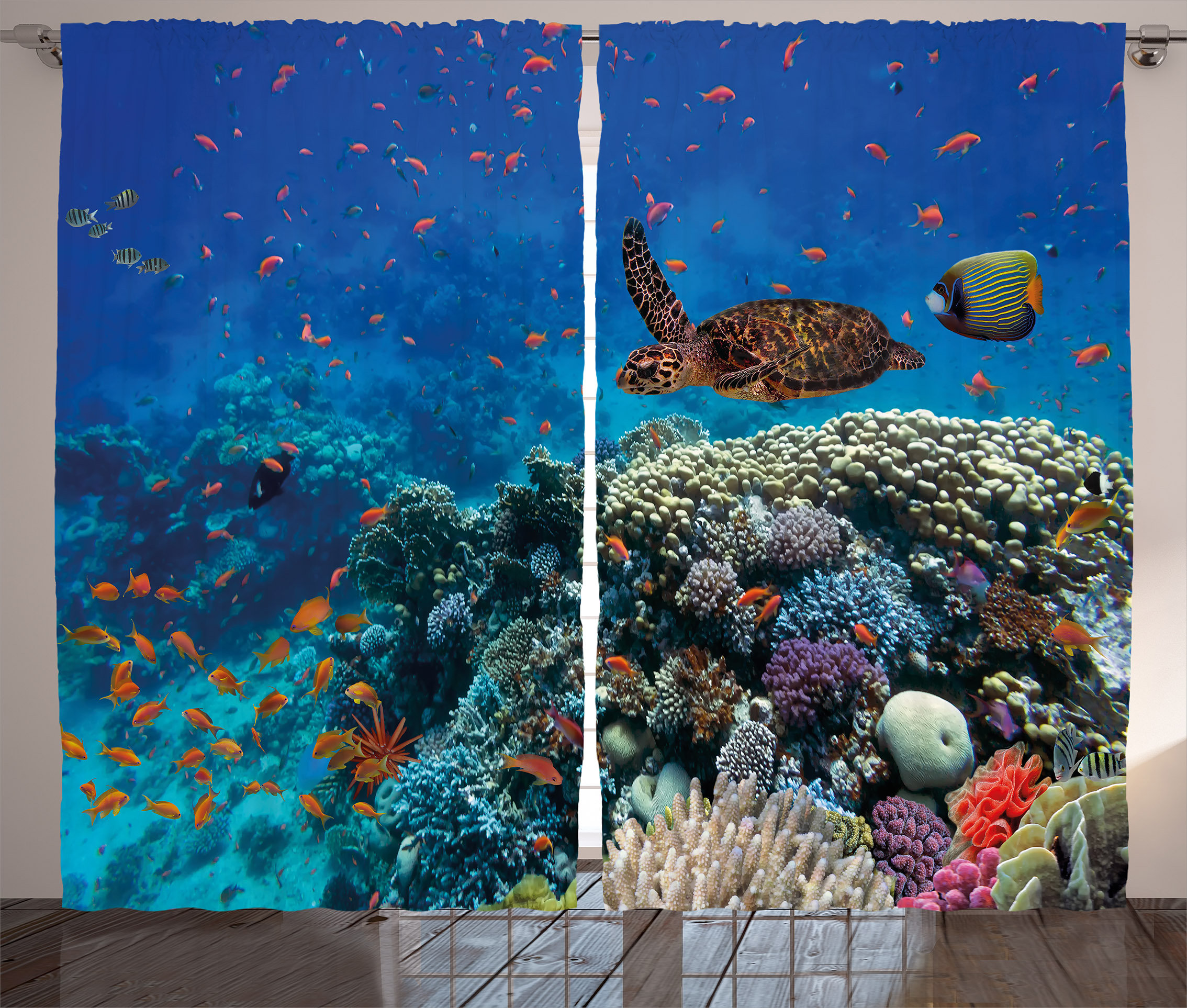 East Urban Home Exotic Fish and Turtle Graphic Print Semi-Sheer Rod ...