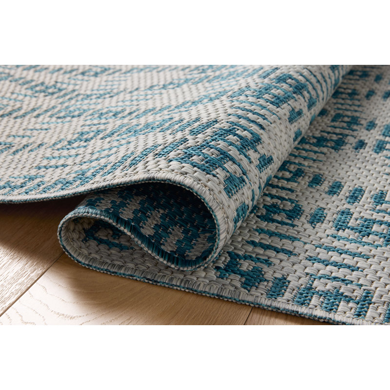Ebern Designs Chatwin Fog / Teal Reversible Indoor / Outdoor Area Rug ...