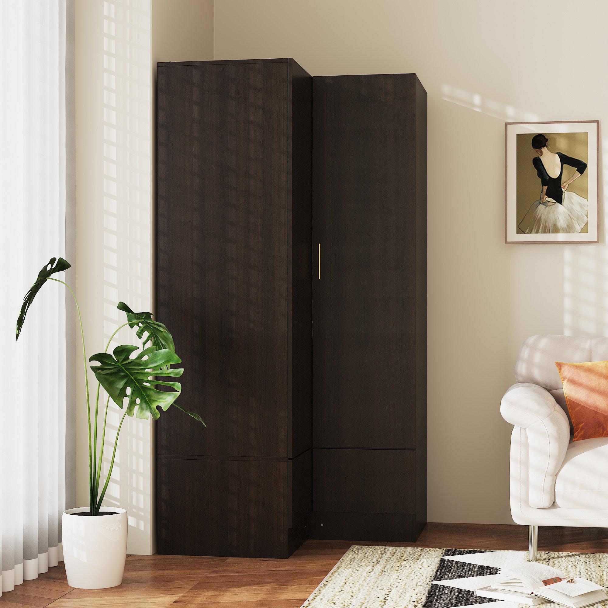Latitude Run® Modern Corner Wardrobe Closet With Hanging Rods And ...