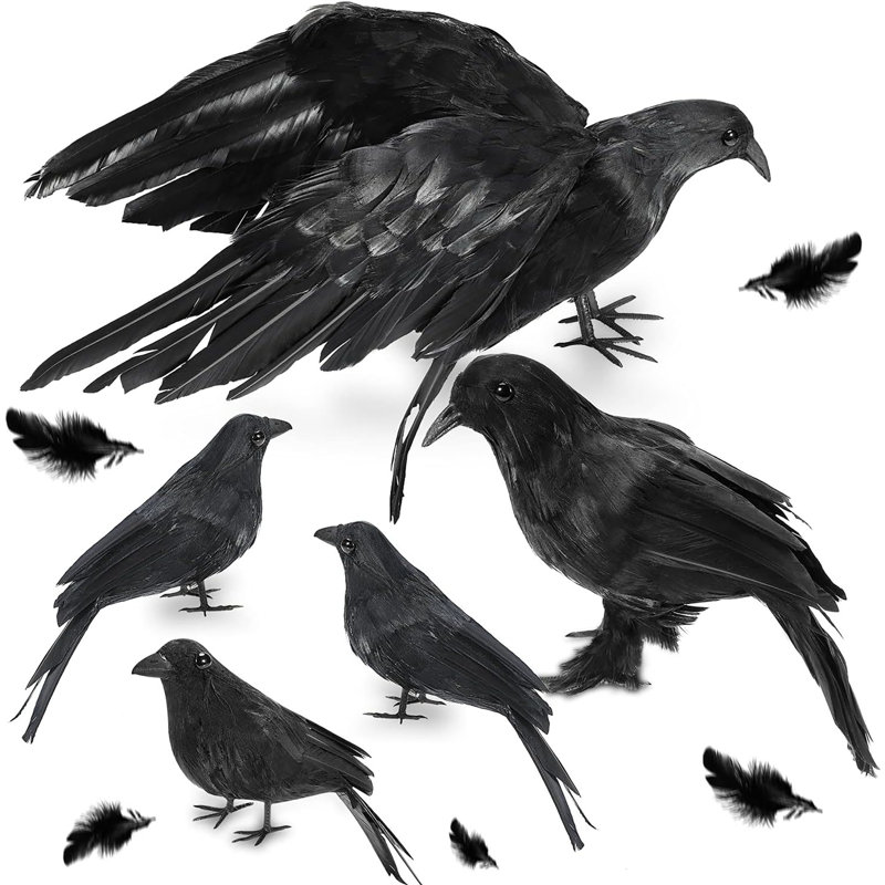 Ophelia & Co. 5 Pack, Realistic Handmade Black Feather Crows Prop, Fly ...