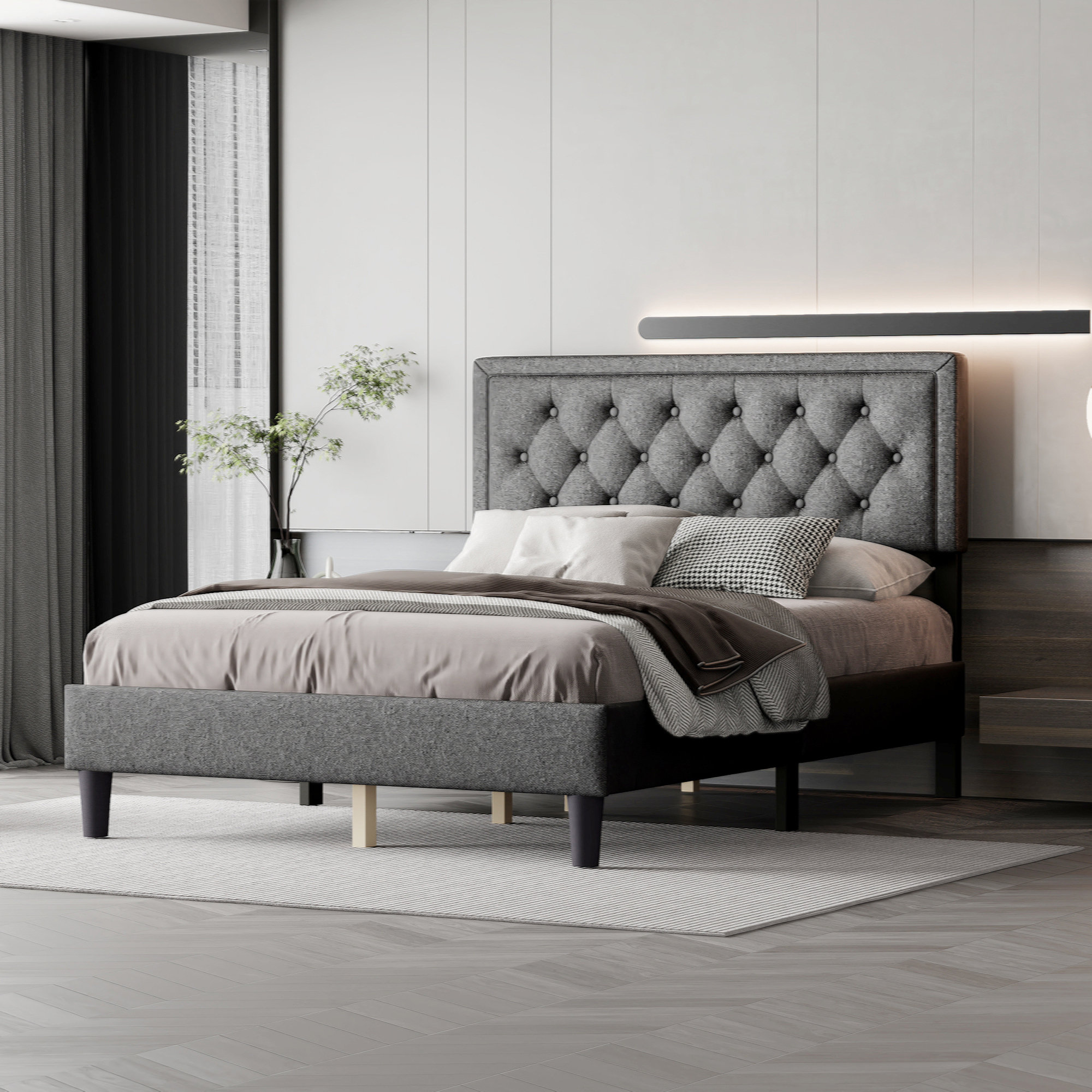 Lark Manor™ Panel Bed Frame With Adjustable Button-Tufted Headboard For ...