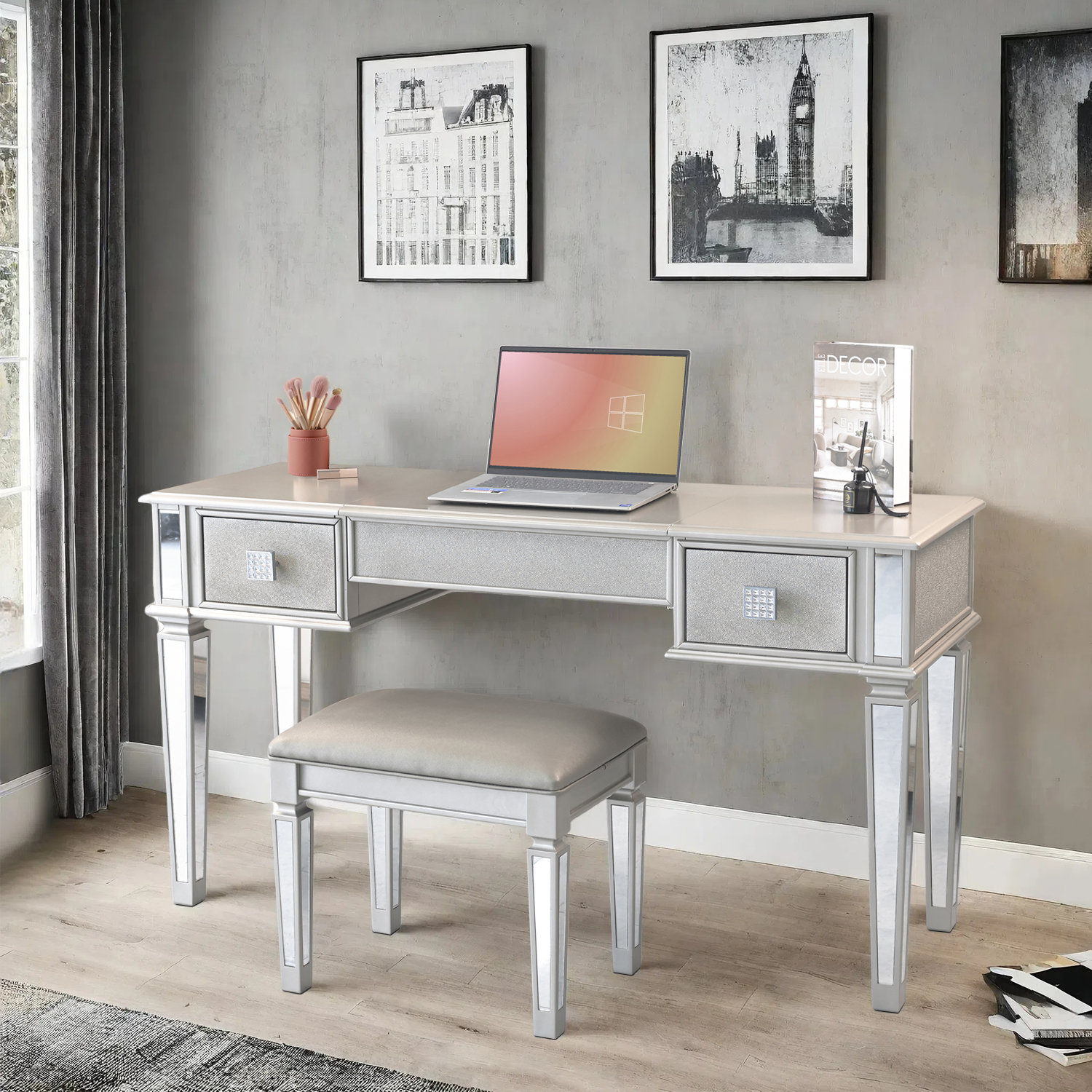 House of Hampton Mirrored Vanities Desk With Drawers, Bedroom Makeup ...