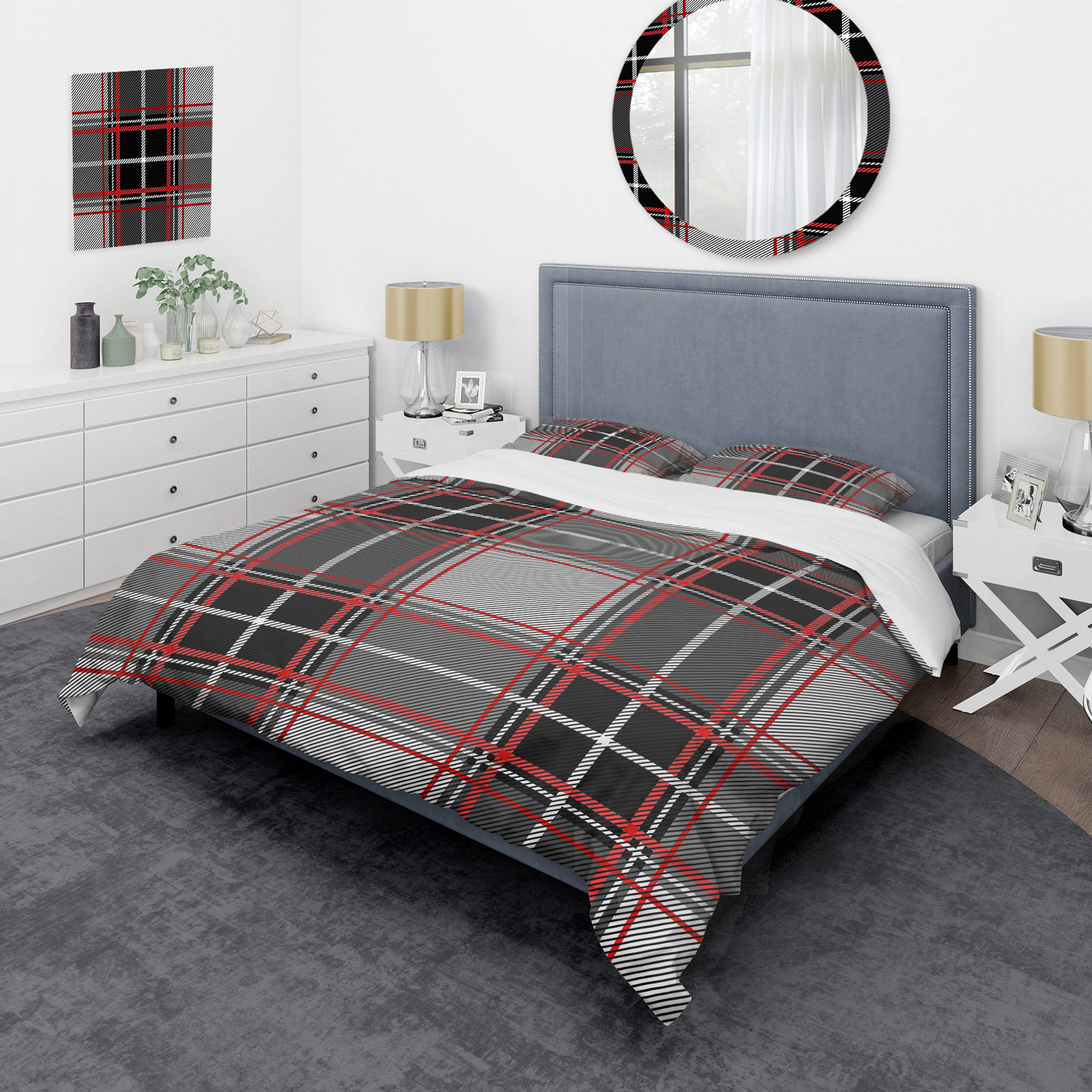 Design Art Grey and Red Checked Tartan Gray/Red Microfiber 3 Piece ...