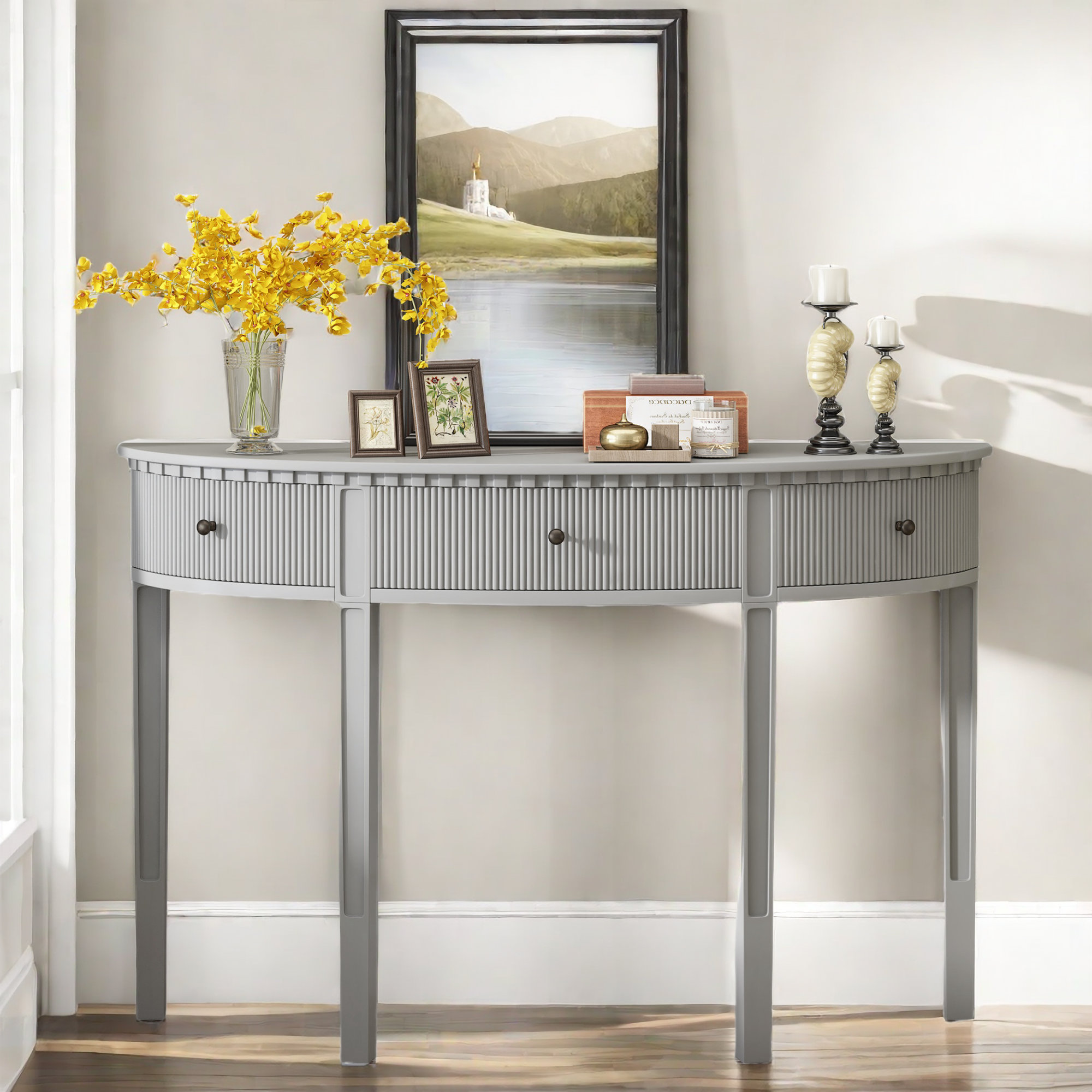 Lark Manor Abiram Console Table with Vertical Stripe Drawer Fronts and ...