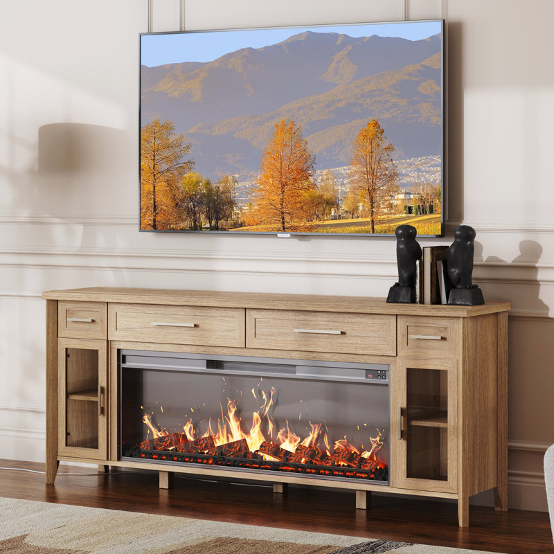 Red Barrel Studio® 74 Inch TV Stand with 48" Electric Fireplace (Camel ...