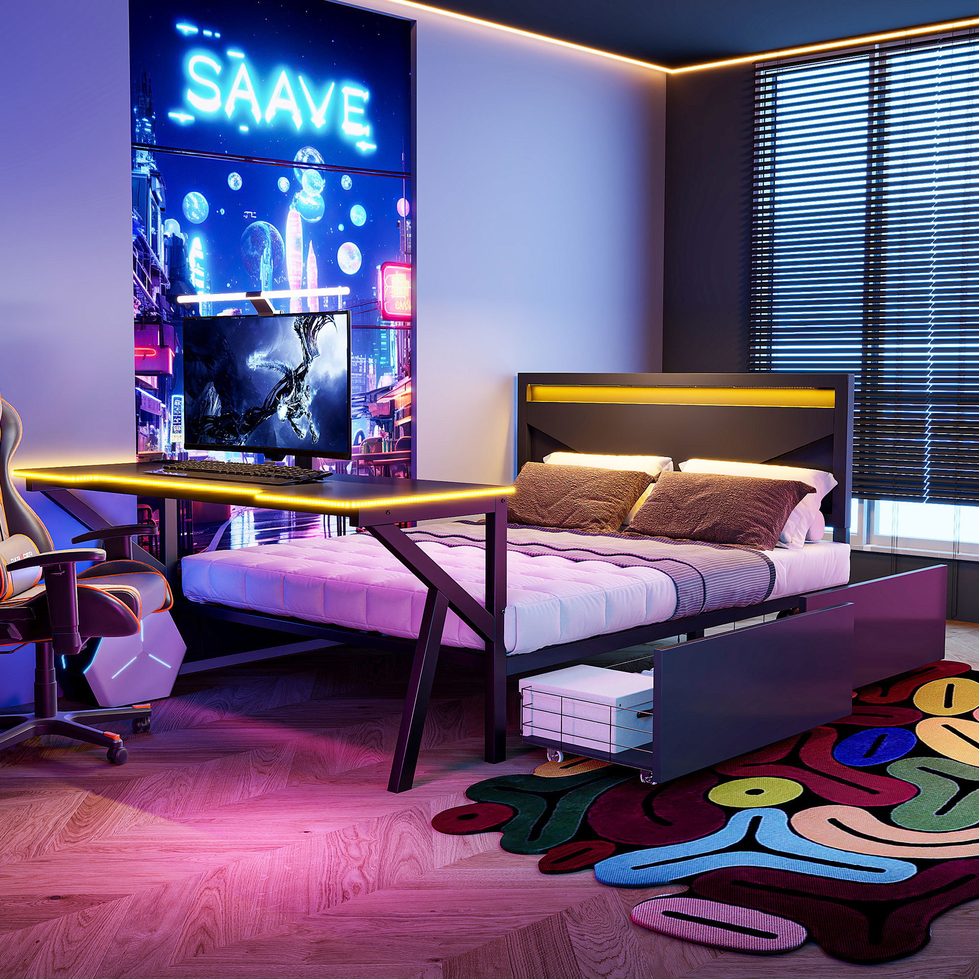 Ivy Bronx Full Size Metal Gaming Platform Bed With Multi-color Led ...